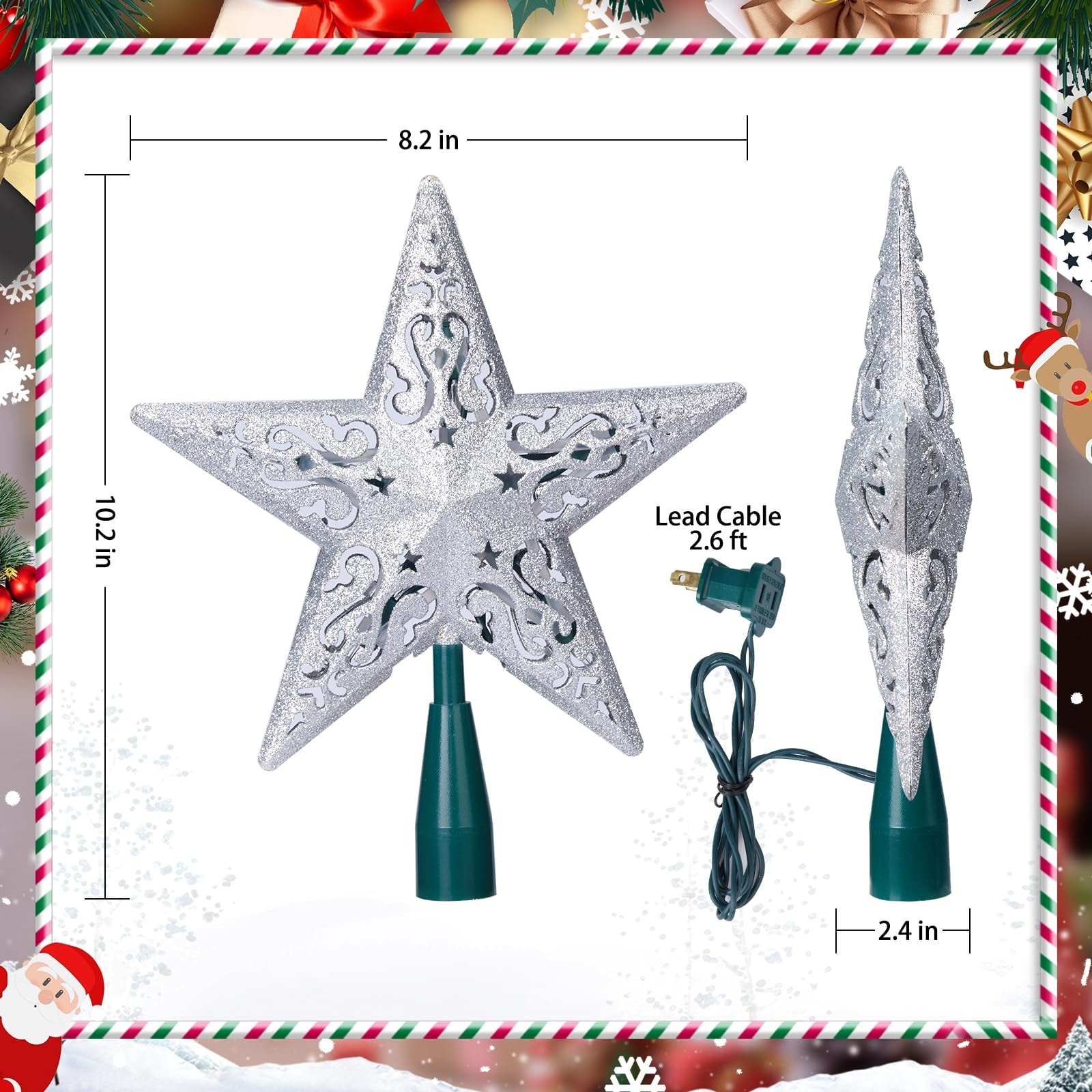 AOIZGMY 8 Inch Silver Glittered Hollow Christmas Star Tree Topper with ...