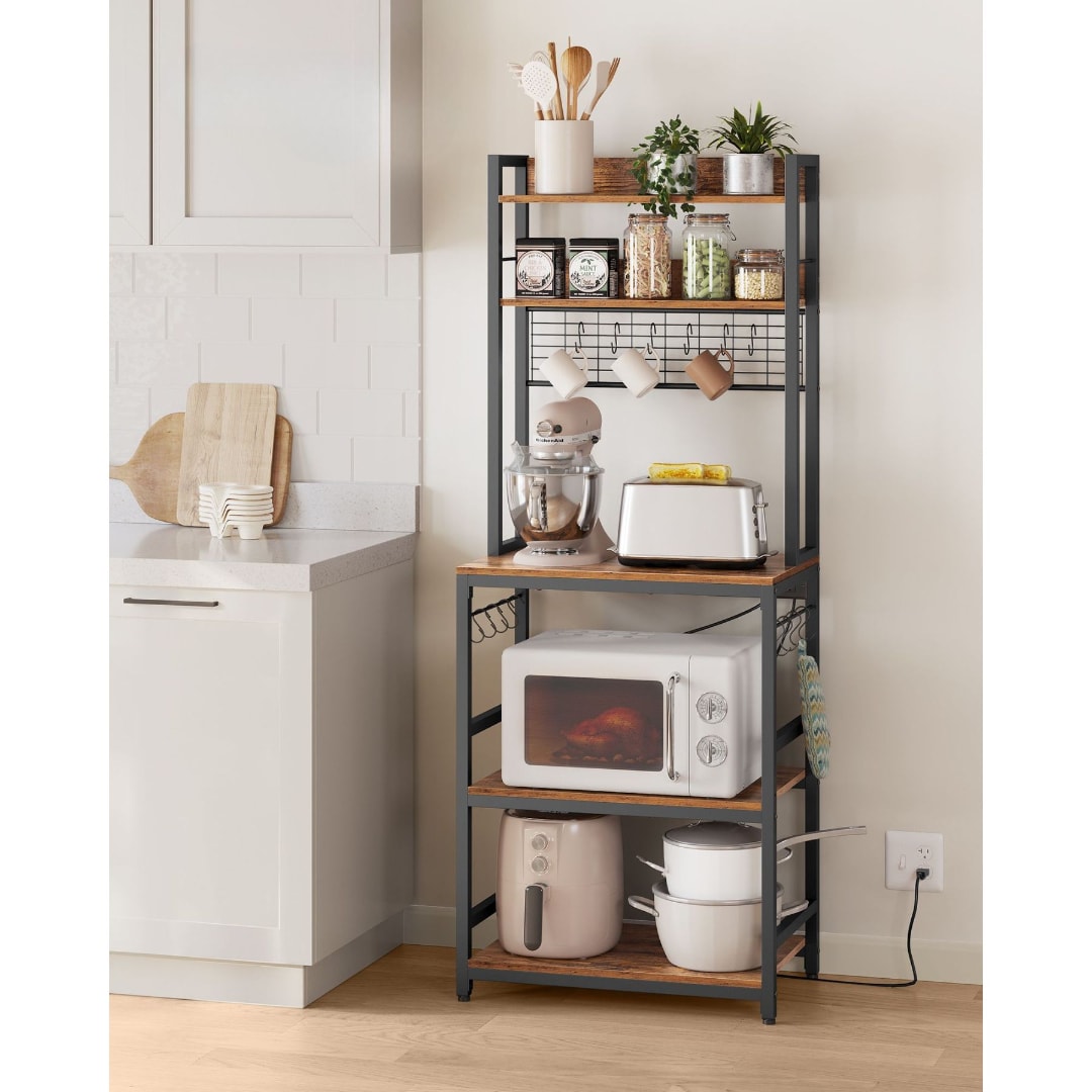 Slickblue Rustic Industrial Black/White Bakers Rack with Power Outlet ...