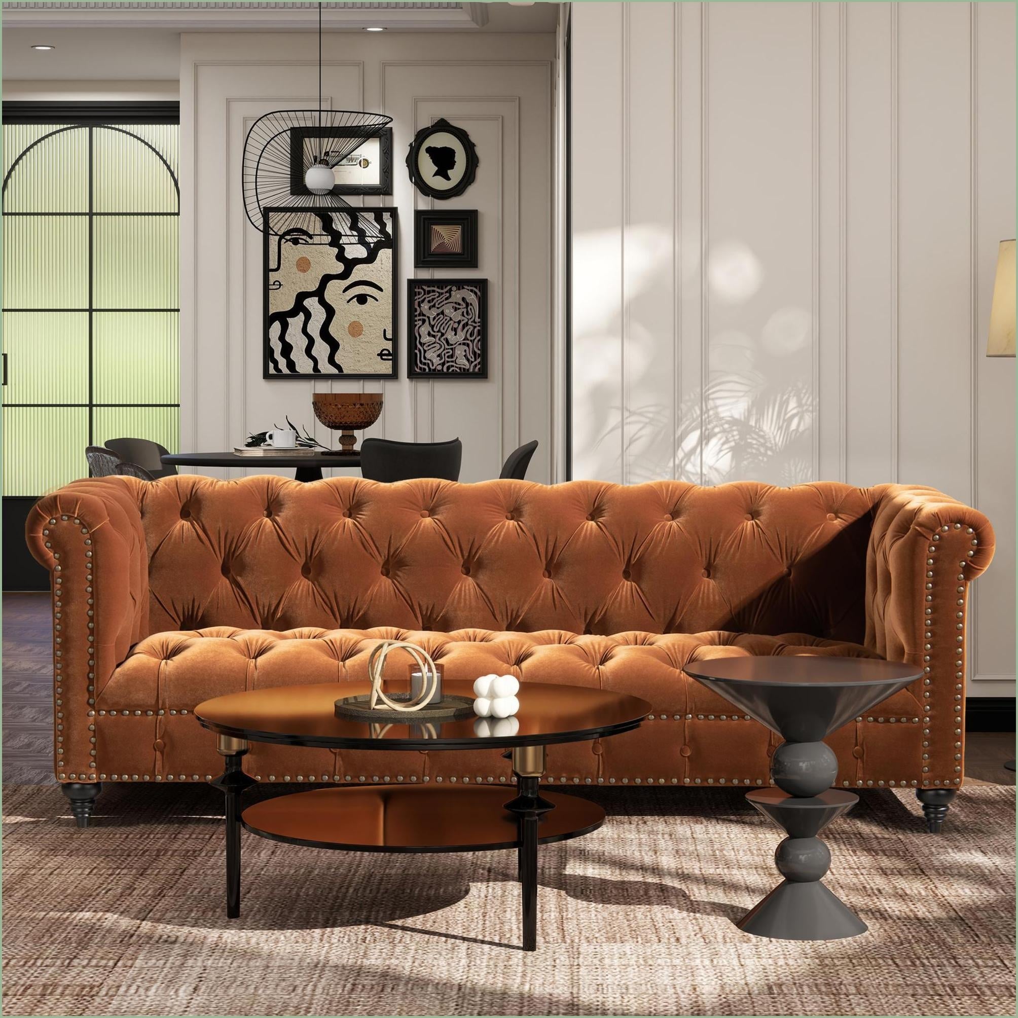 Watnature Sofas 88 Tufted Chesterfield Sofa Burnt Orange Performance ...