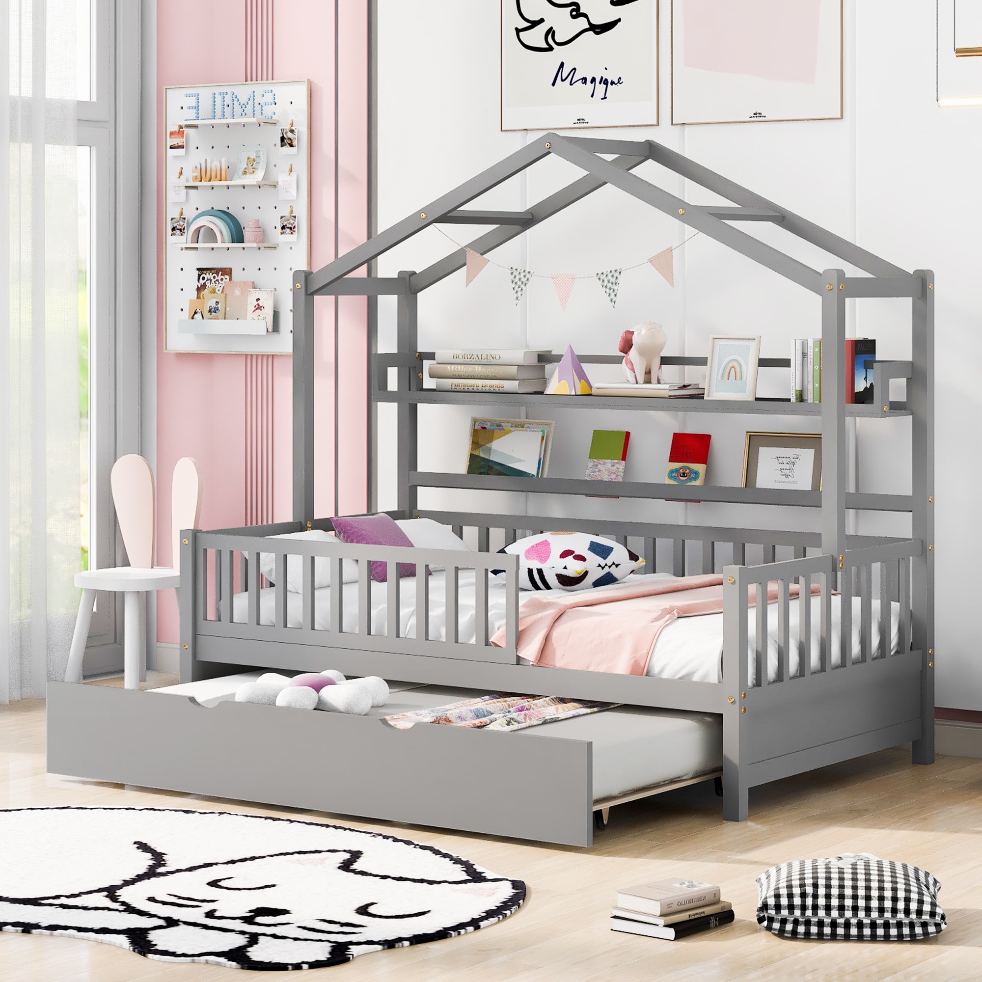 IdealHouse Twin Size Grey Wood House Bed Frame For Kids Teens With Two ...