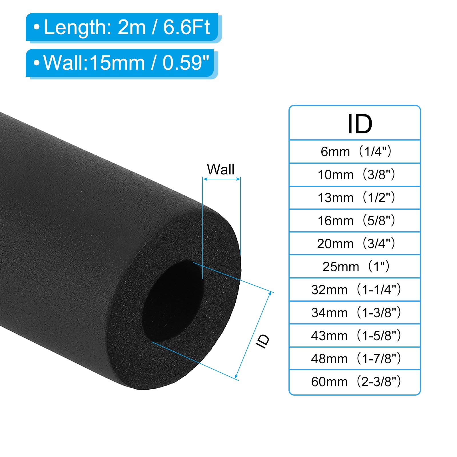PATIKIL 1 3/8 Inch (34mm) ID x 6.6Ft x 0.59 Inch Pipe Insulation Foam ...
