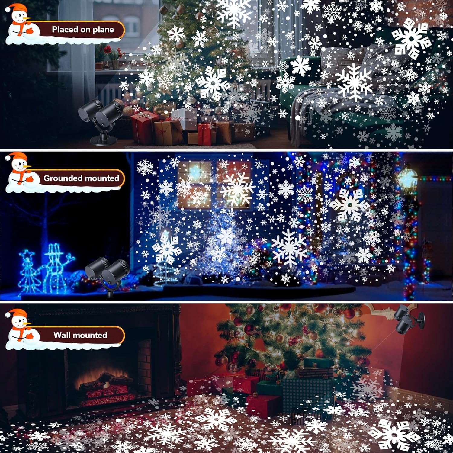 Etokfoks Snowflake Christmas Projector Lights 1 Piece 3 in 1 Outdoor Indoor LED Holiday Light ...