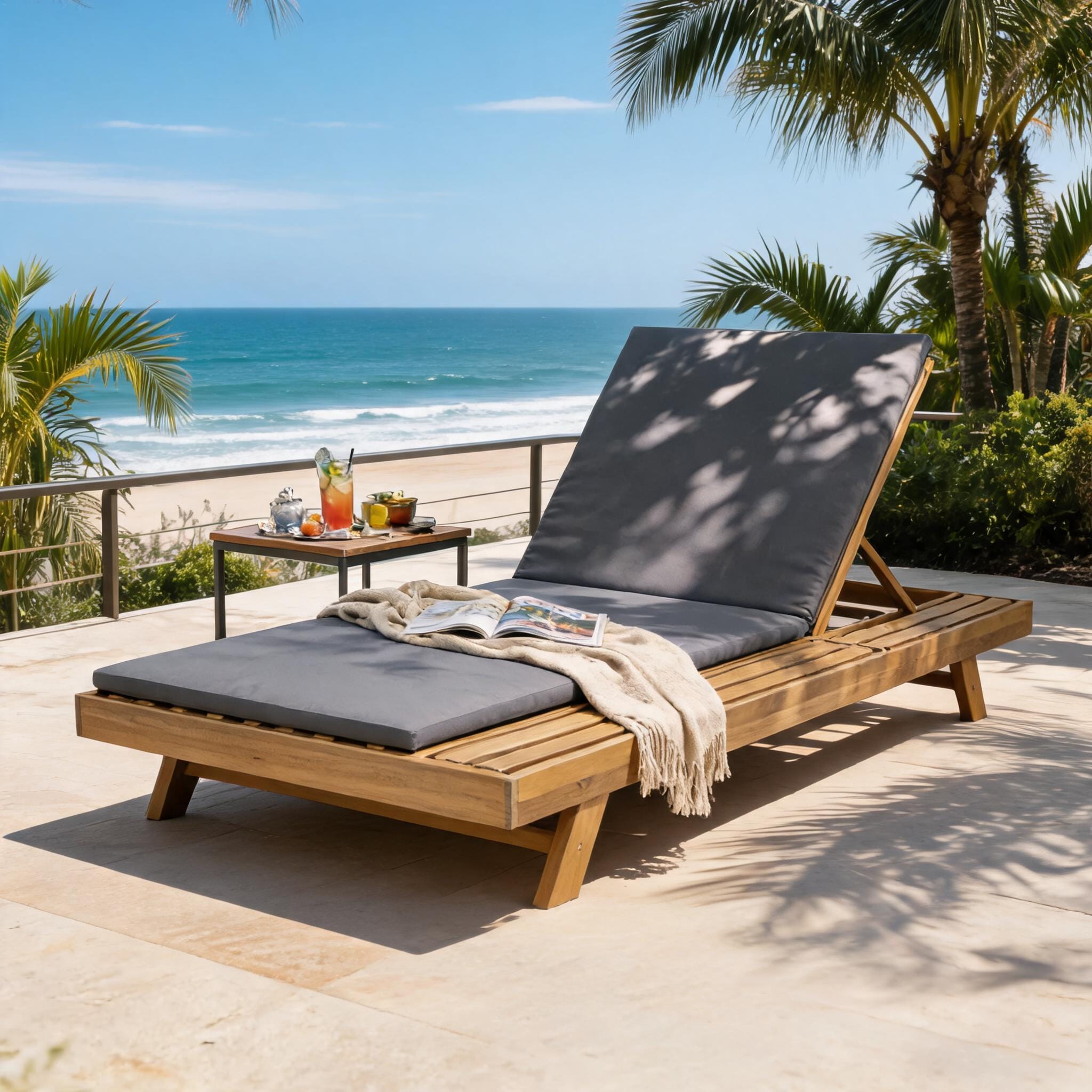 Watnature Patio Adjustable Lounge Chaise Solid Acacia Wood Frame ...