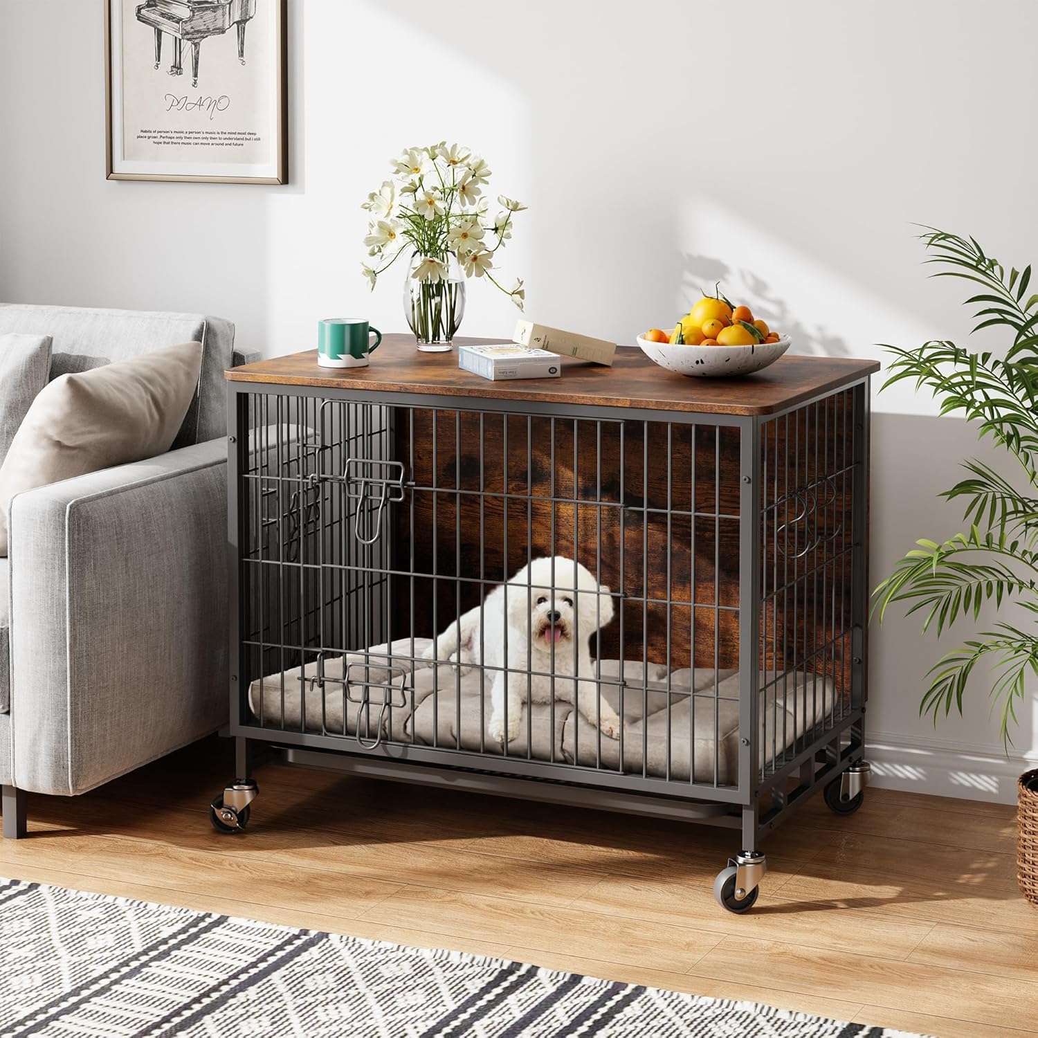 Qeetex Dog Crate Furniture Wooden Dog Crate with Double Doors Dog ...