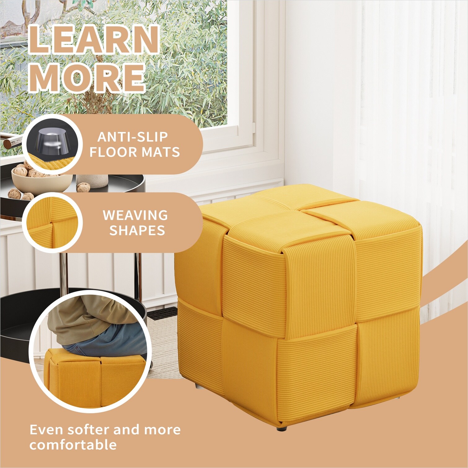 chillscreamni Square Corduroy Ottoman Foot Rest Compact Soft Yellow ...