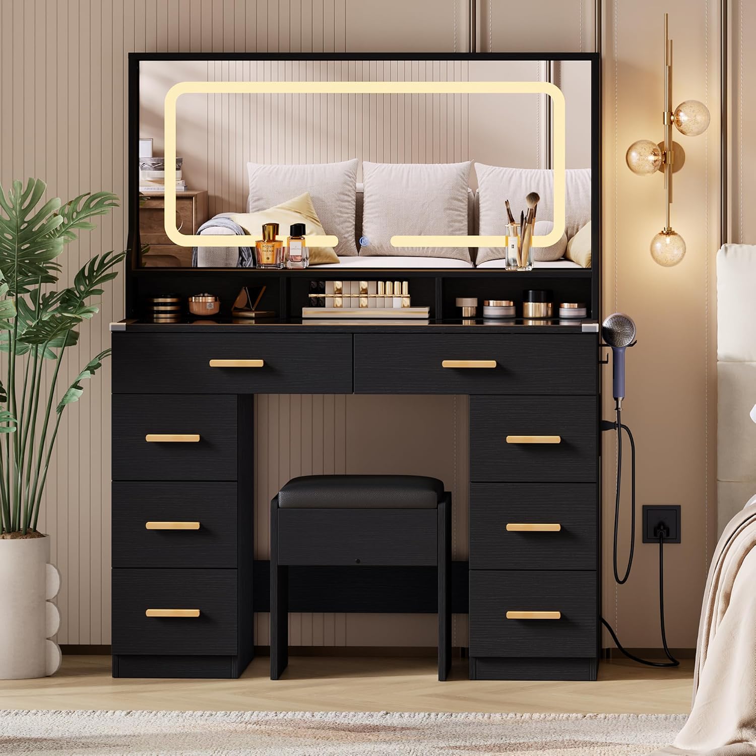 Garvee Vanity Desk with Mirror and Lights Makeup Table with Glass Top 8 ...