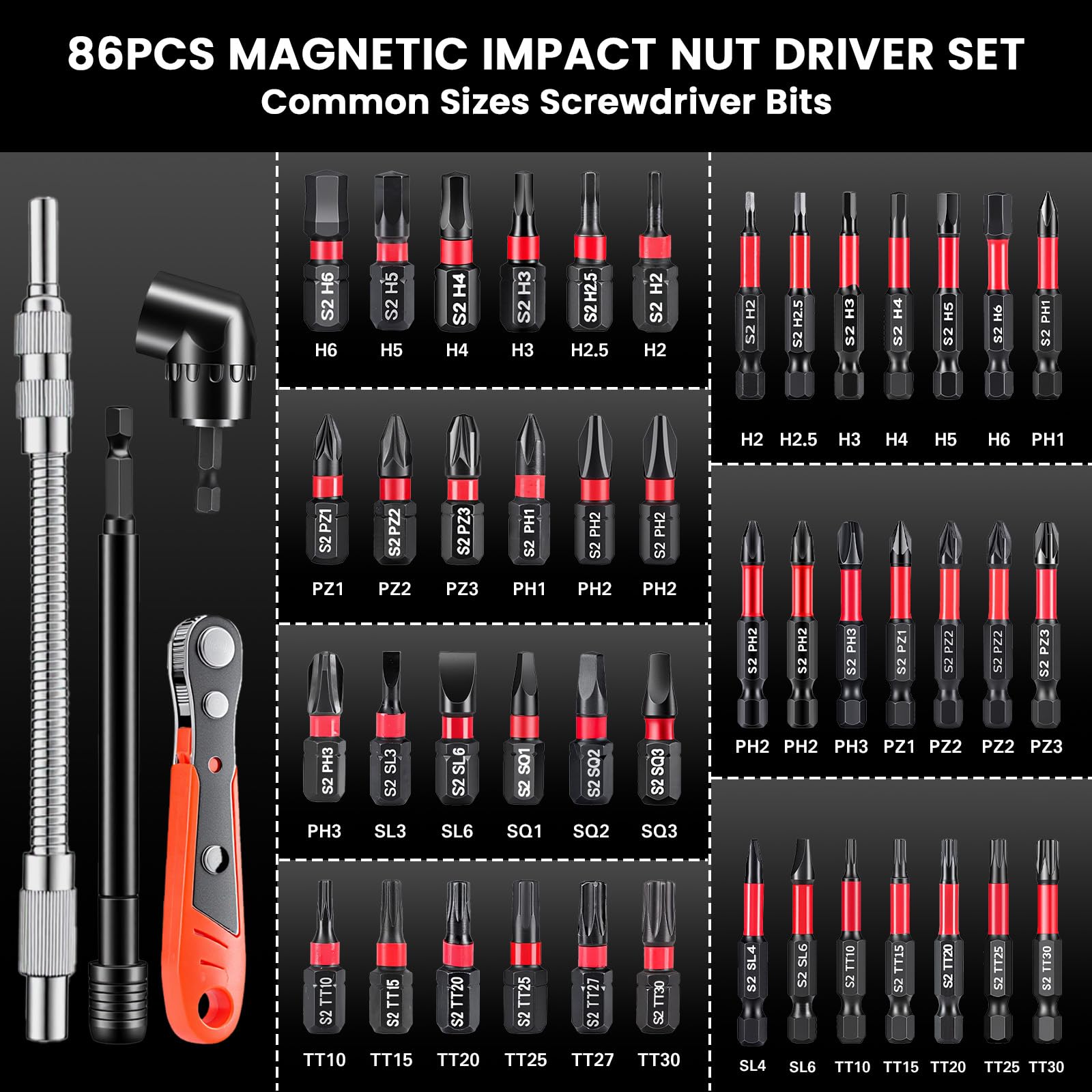 Etokfoks 86 Piece Magnetic Impact Nut Driver Set Deep Impact Sockets ...