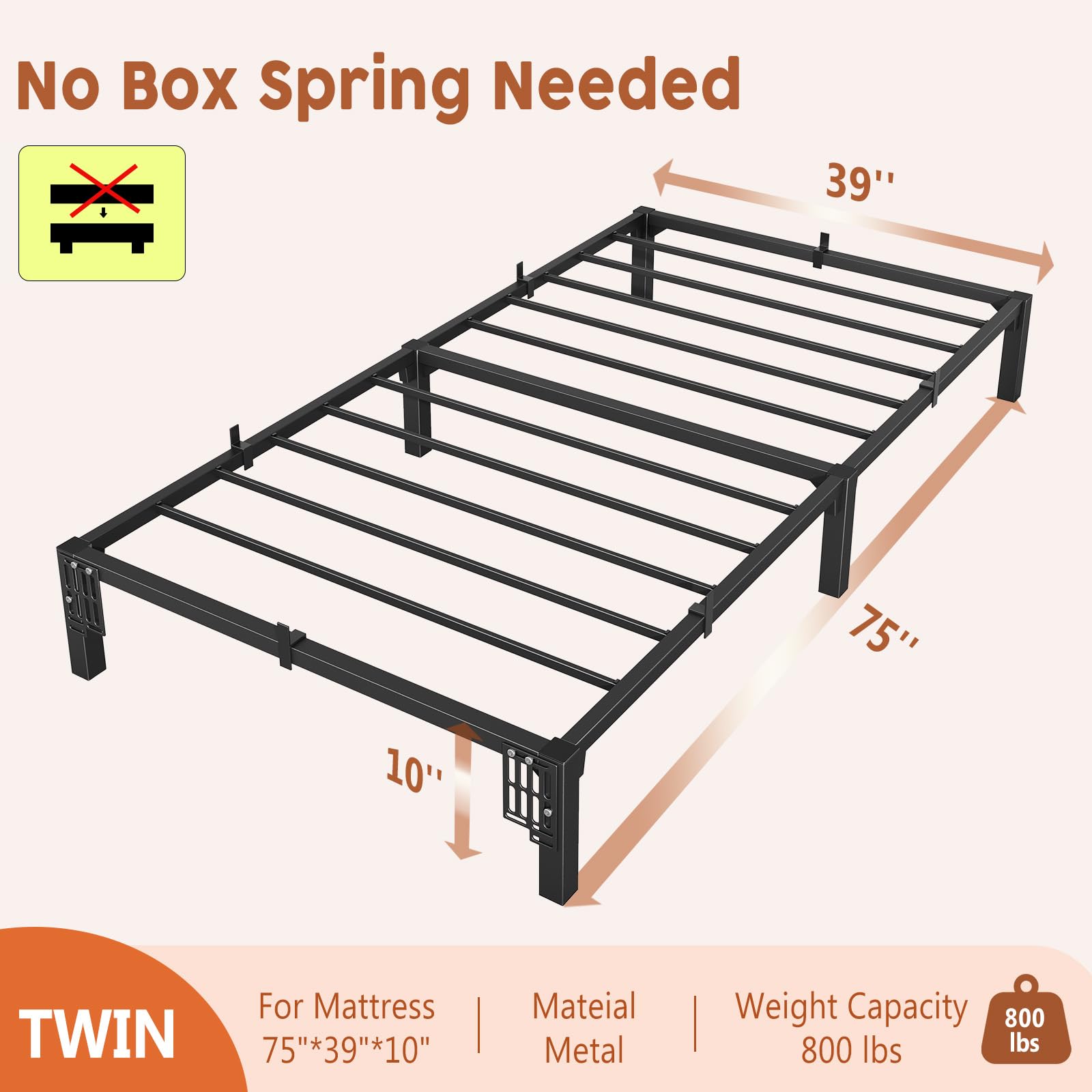 IdealHouse Twin Size 10 Inch Heavy Duty Metal Platform Bed Frame ...