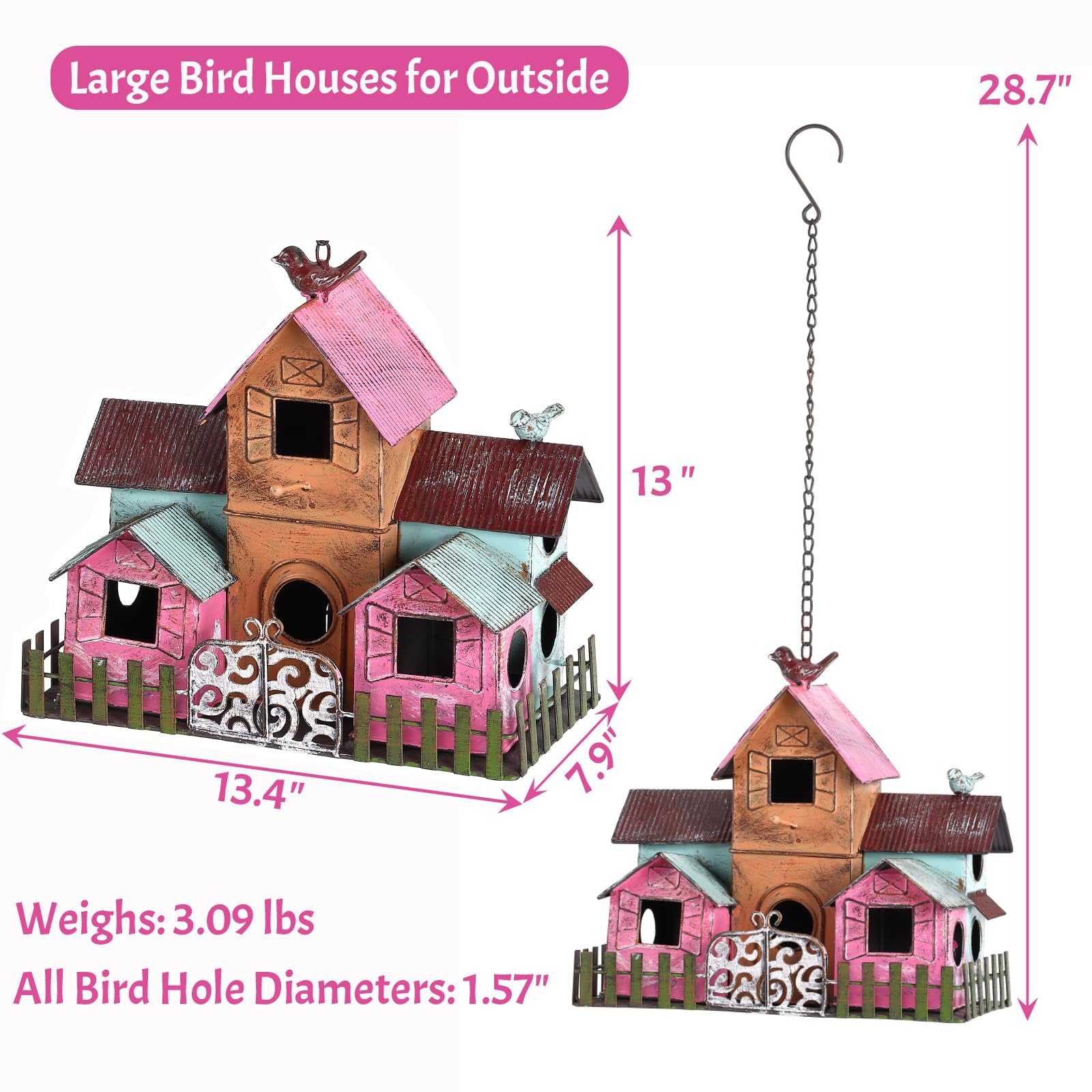 Etokfoks Large Metal Bird House for Outside Hanging 5 Compartments 10 ...