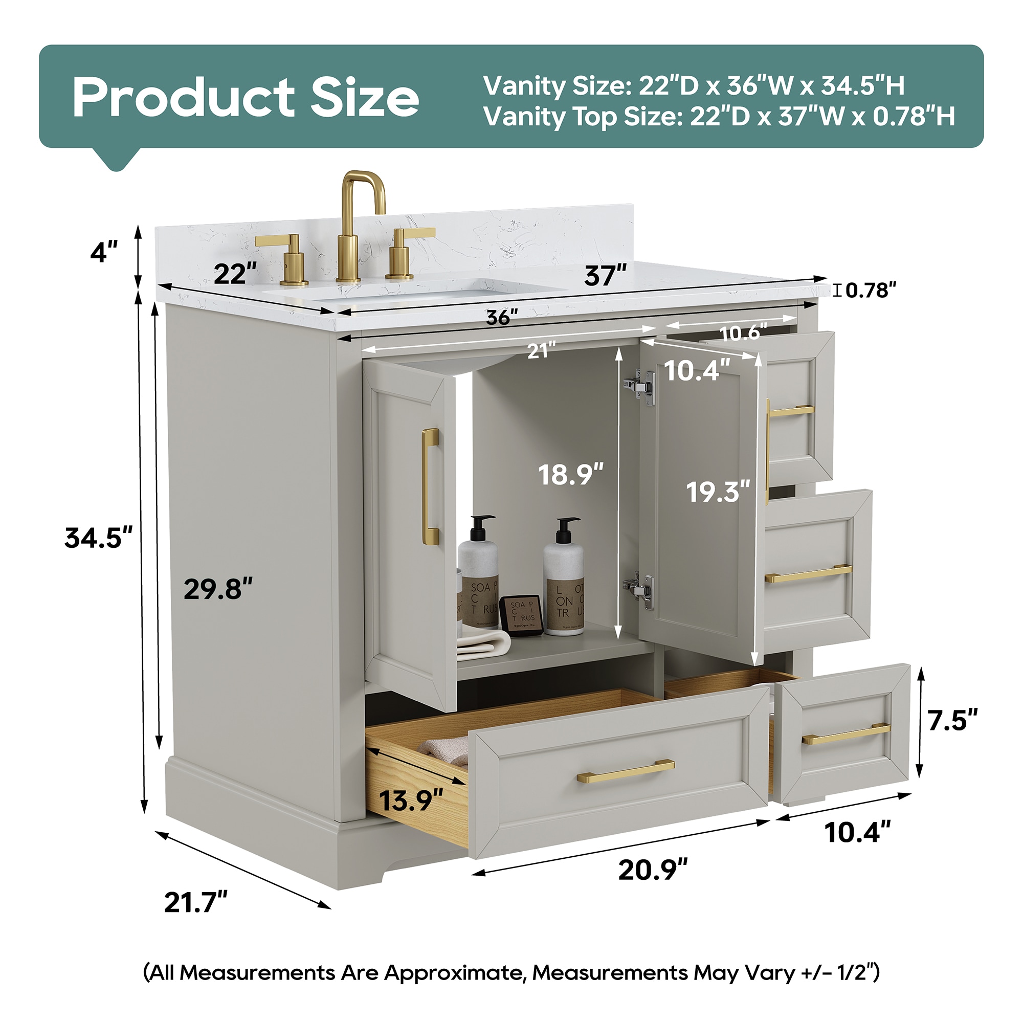 DELUXE LIVING Snowline 36-in Greige Undermount Single Sink Bathroom ...