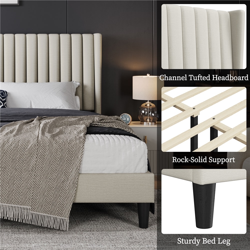 Yaheetech Ivory King Size Upholstered Bed Frame Wood Slat Support No ...
