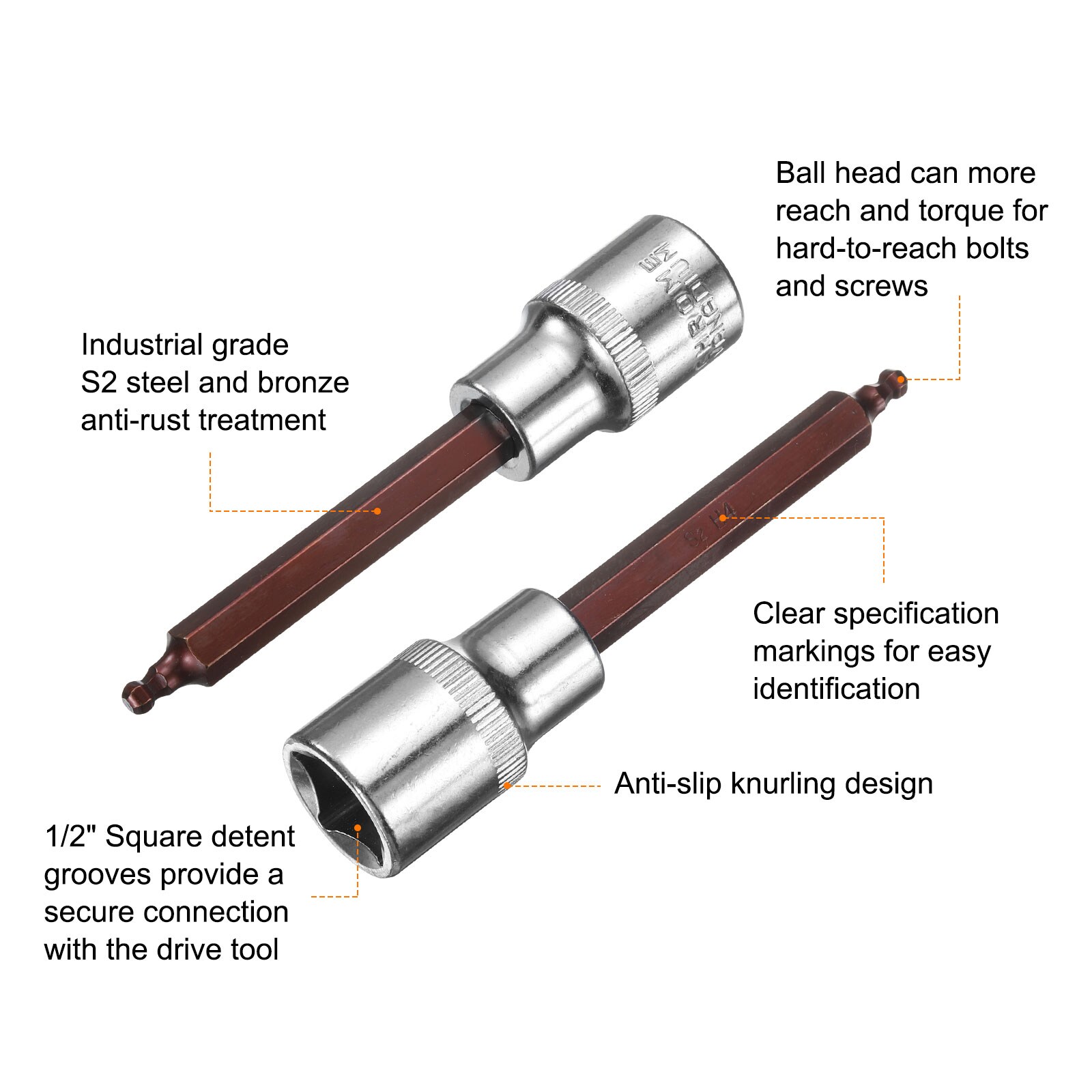 Harfington 9pcs 4/5/6/8/10/12/14/17mm Ball End Hex Bit Socket 1/2 Inch ...