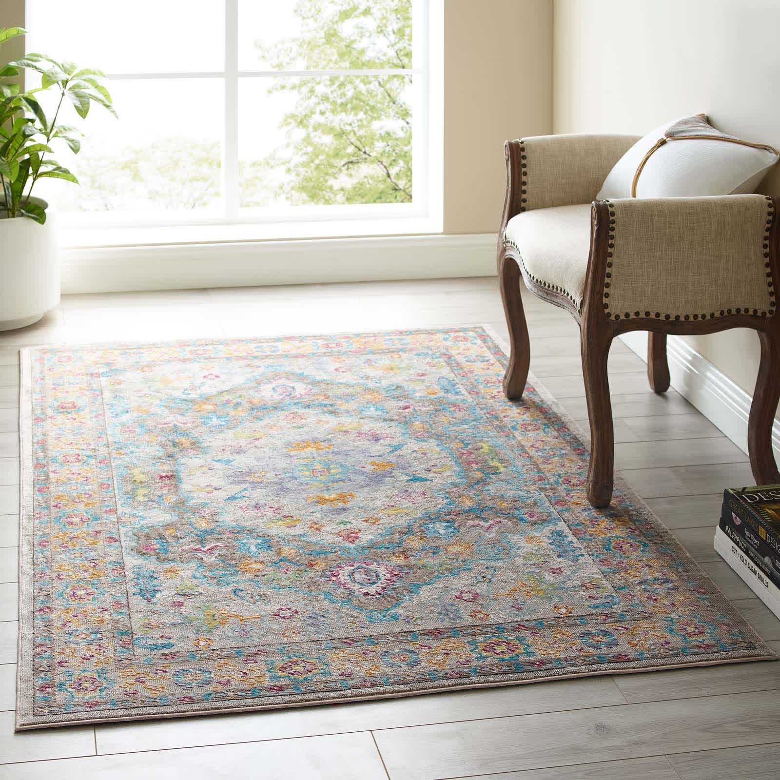 Modway Success Anisah Distressed Floral Vintage Medallion 4x6 Area Rug ...