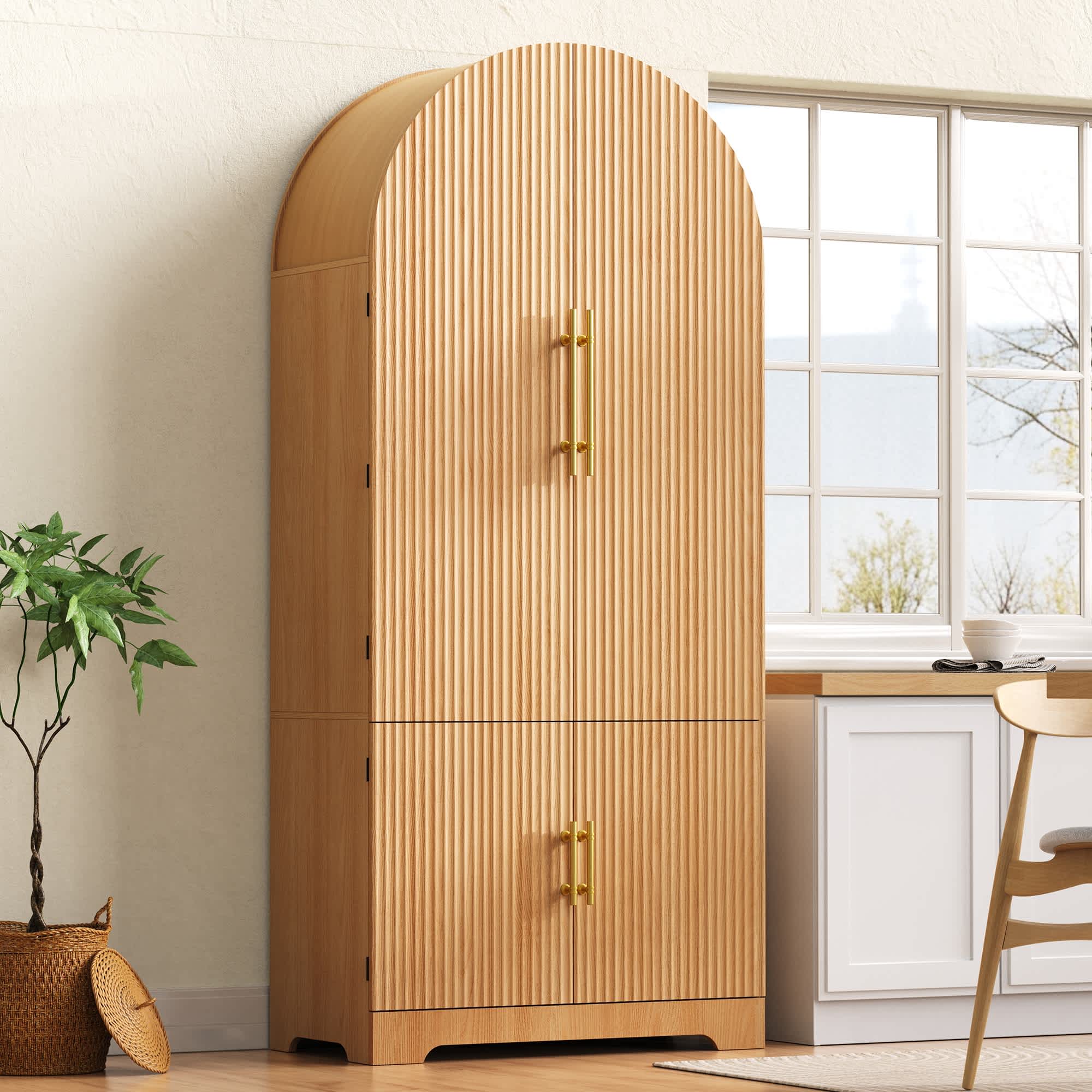 Vynxaria 72 Tall Arched Kitchen Pantry Cabinet Fluted Design with 8 ...