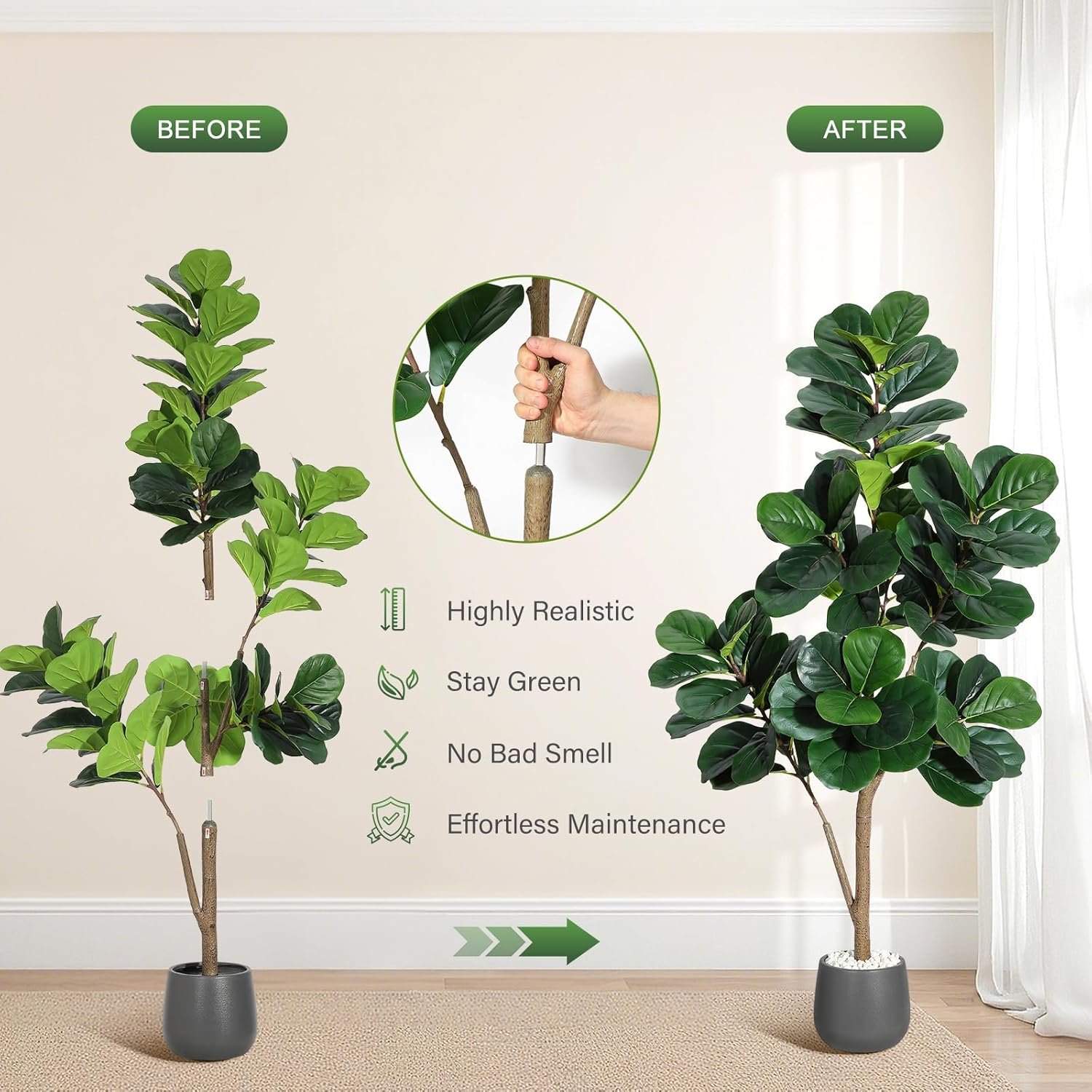 Garvee 5 ft Fiddle Leaf Fig Artificial Tree with 77 Leaves Grey Pot ...