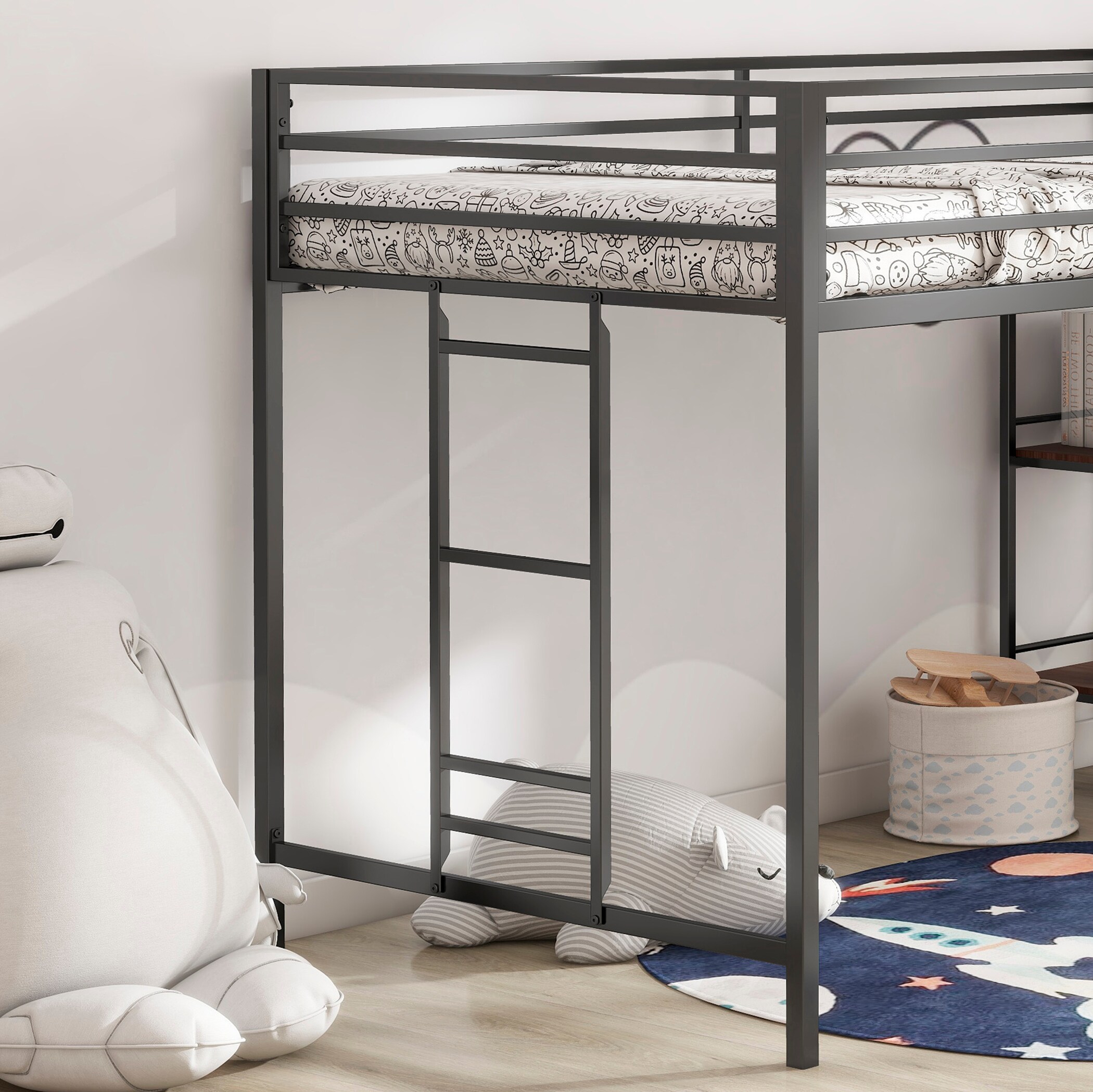 GDFStudio Adam Metal Loft Junior Loft Wood Shelf Twin Black Bed in the ...