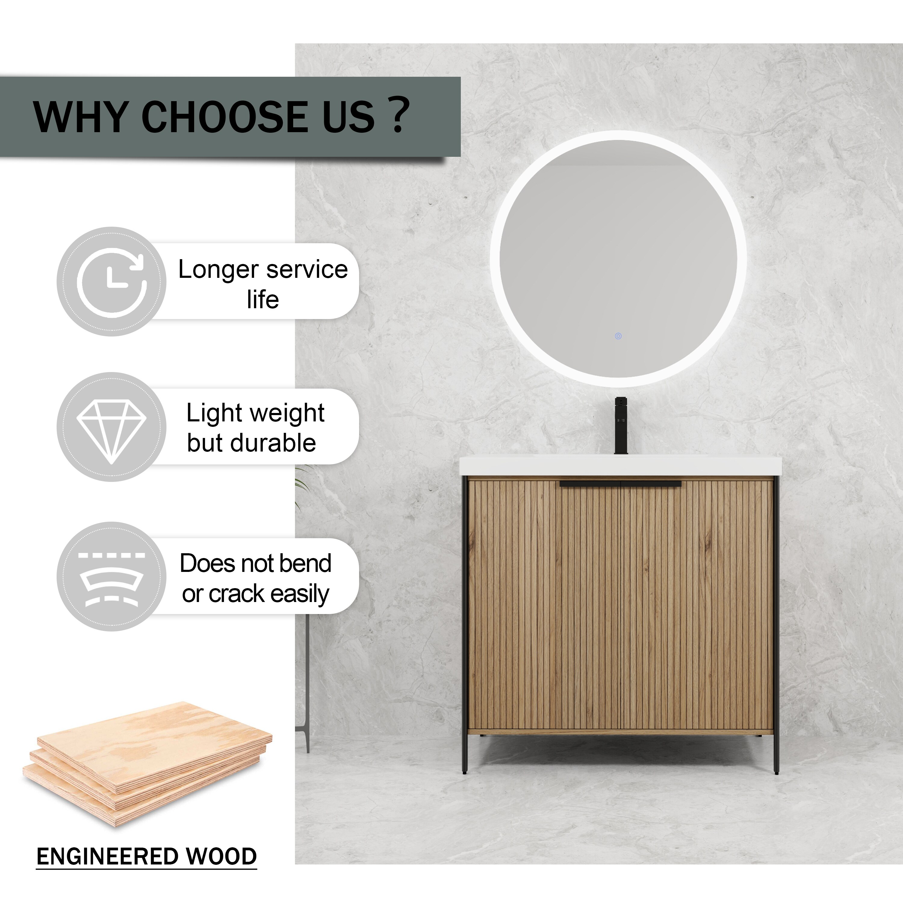 Afhocomp 36 in. Single Sink Freestanding Light Coffee Bath Vanity with ...