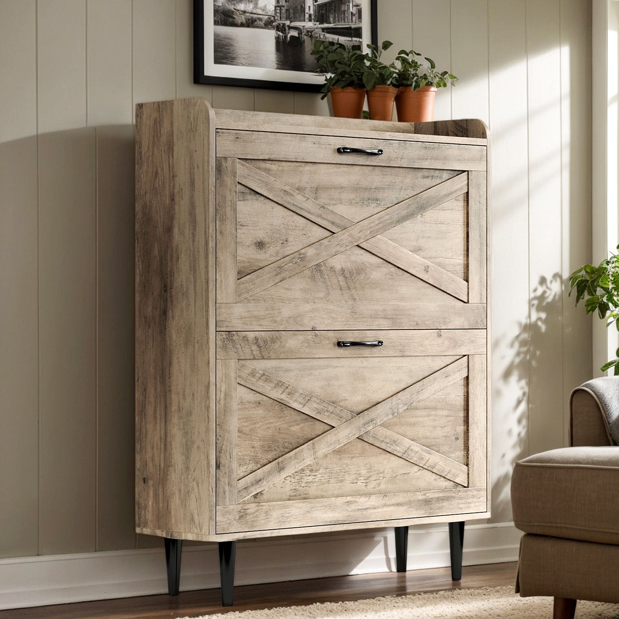 Winado 2 Flip 1 Barrier Barn Door Shoe Cabinet Melamine Embossed 31.6In ...