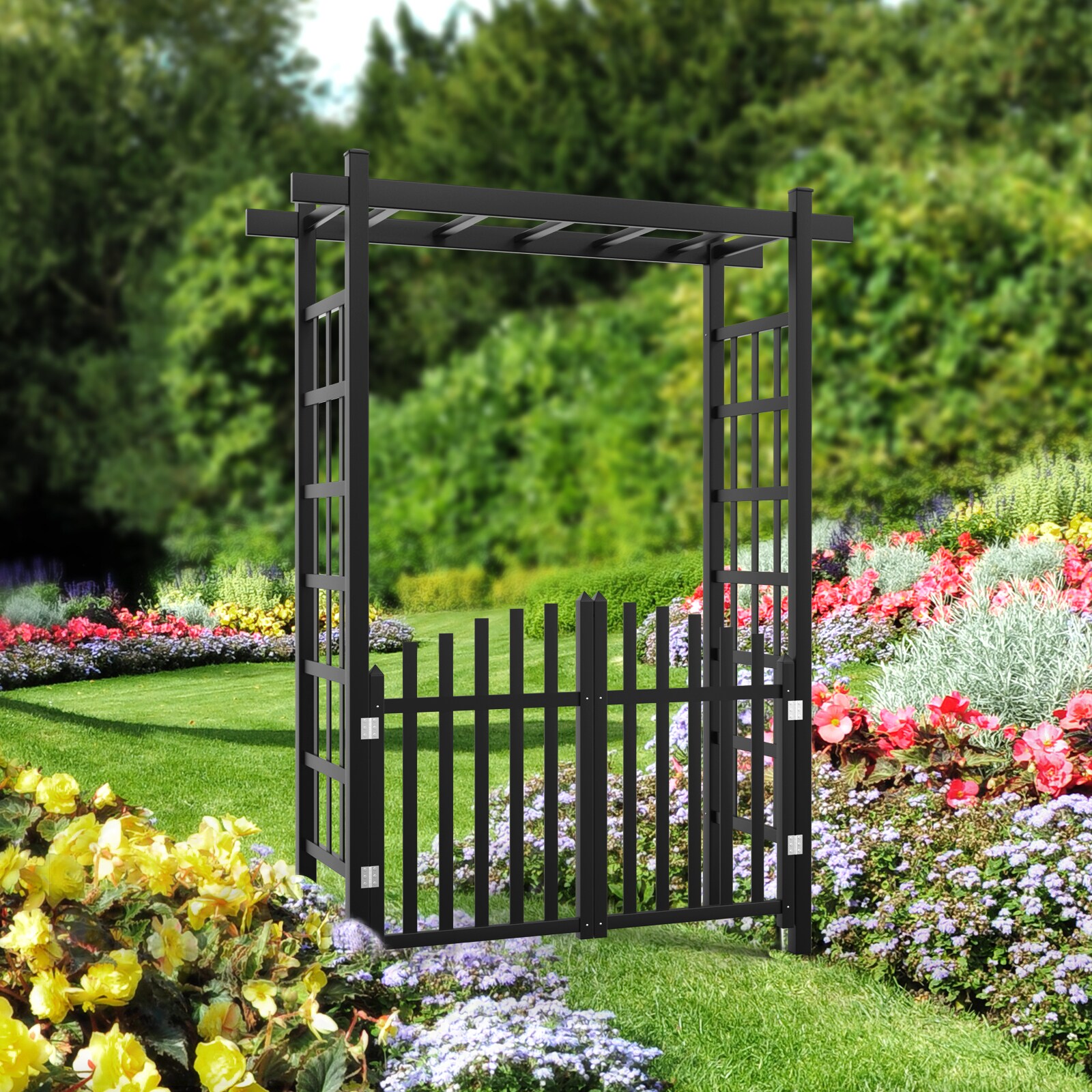 VINGLI 61W x 85H Flat Top PVC Garden Arbor with Gate for Wedding ...