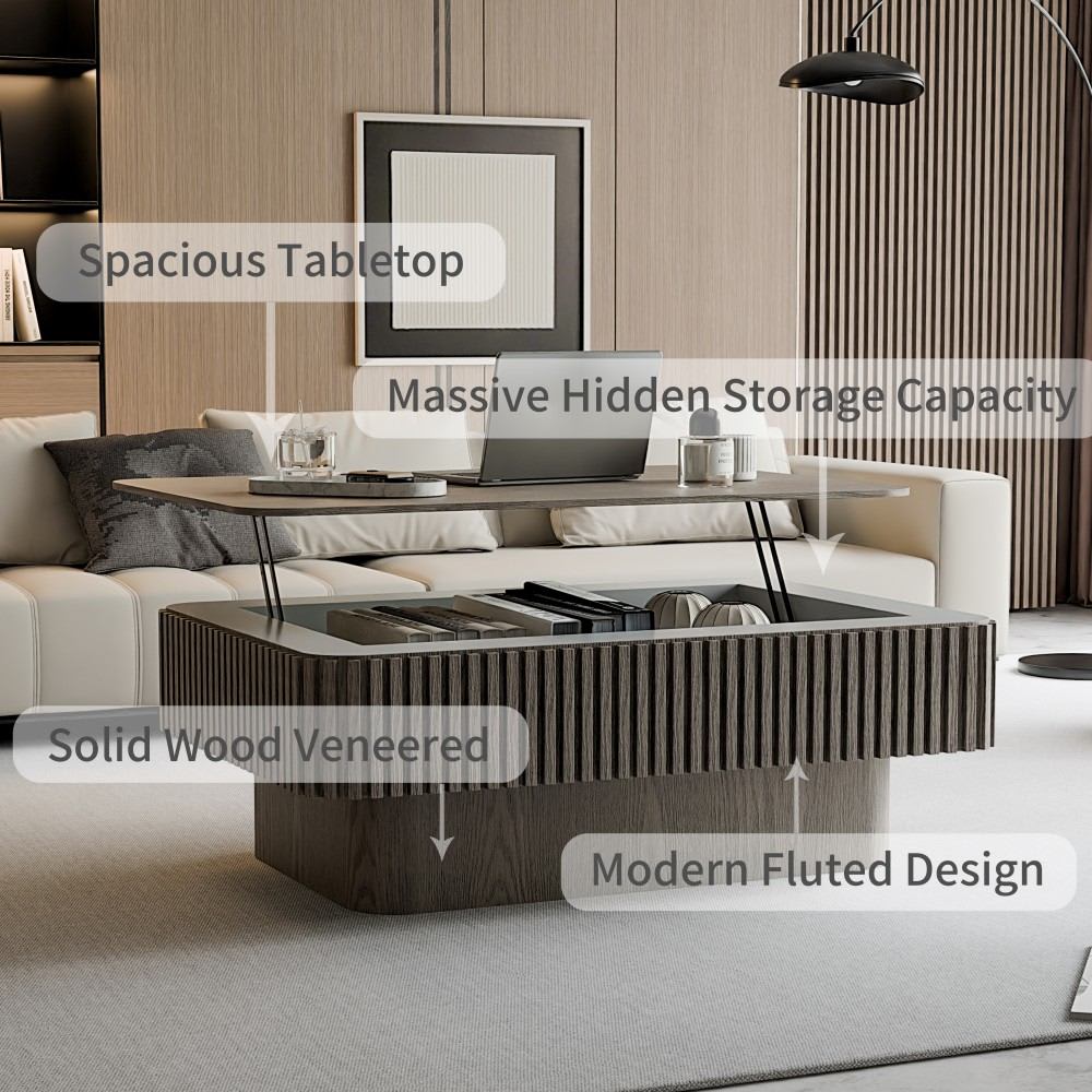 Coolbibila Gray Wood Veneer Lift Top Coffee Table Modern 39 Inch ...