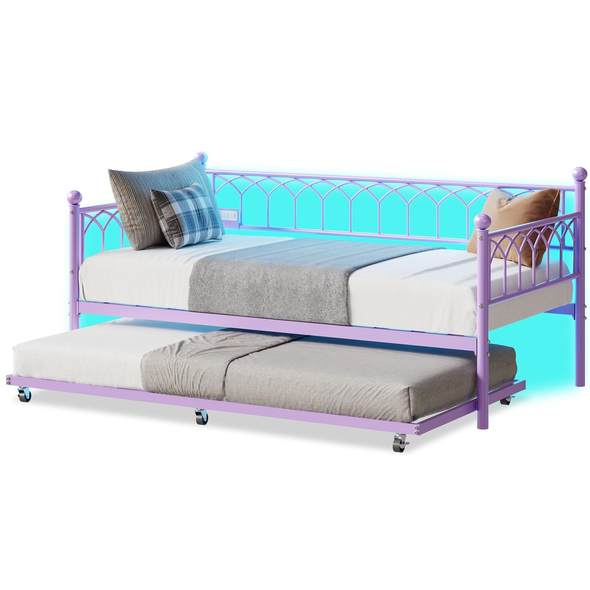 GarveeLife Metal Twin Daybed with Trundle Charging Station Lights ...