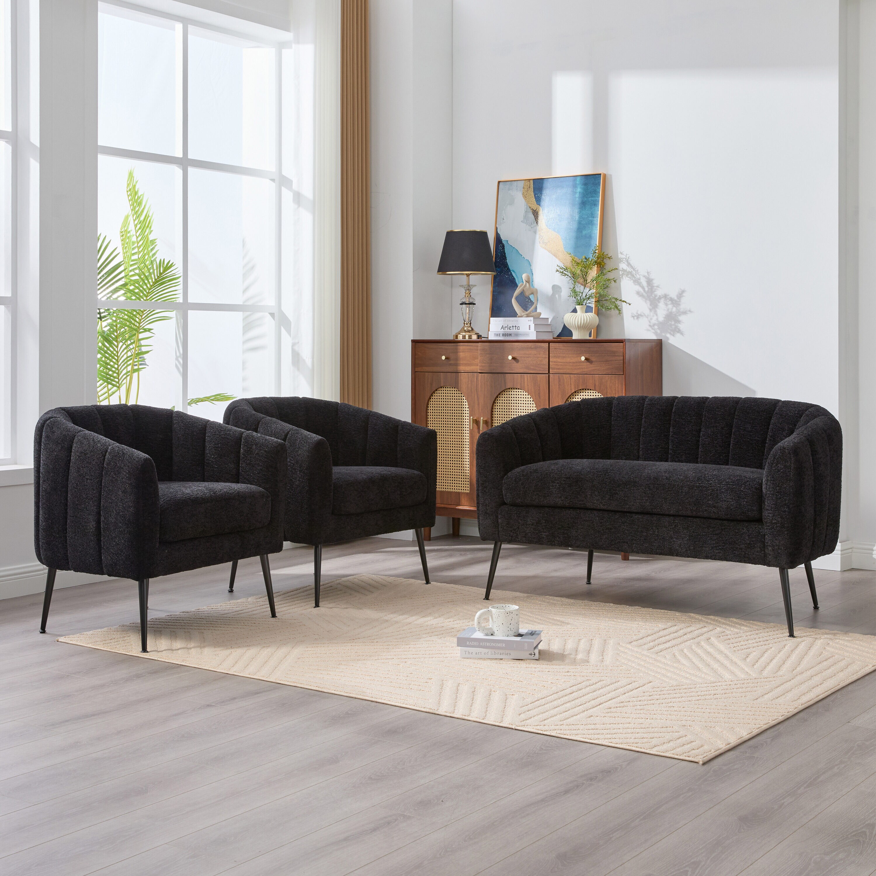 Aortzio (Sofa and Chairs) Modern 3 -Piece Chenille BLACK Living Room ...