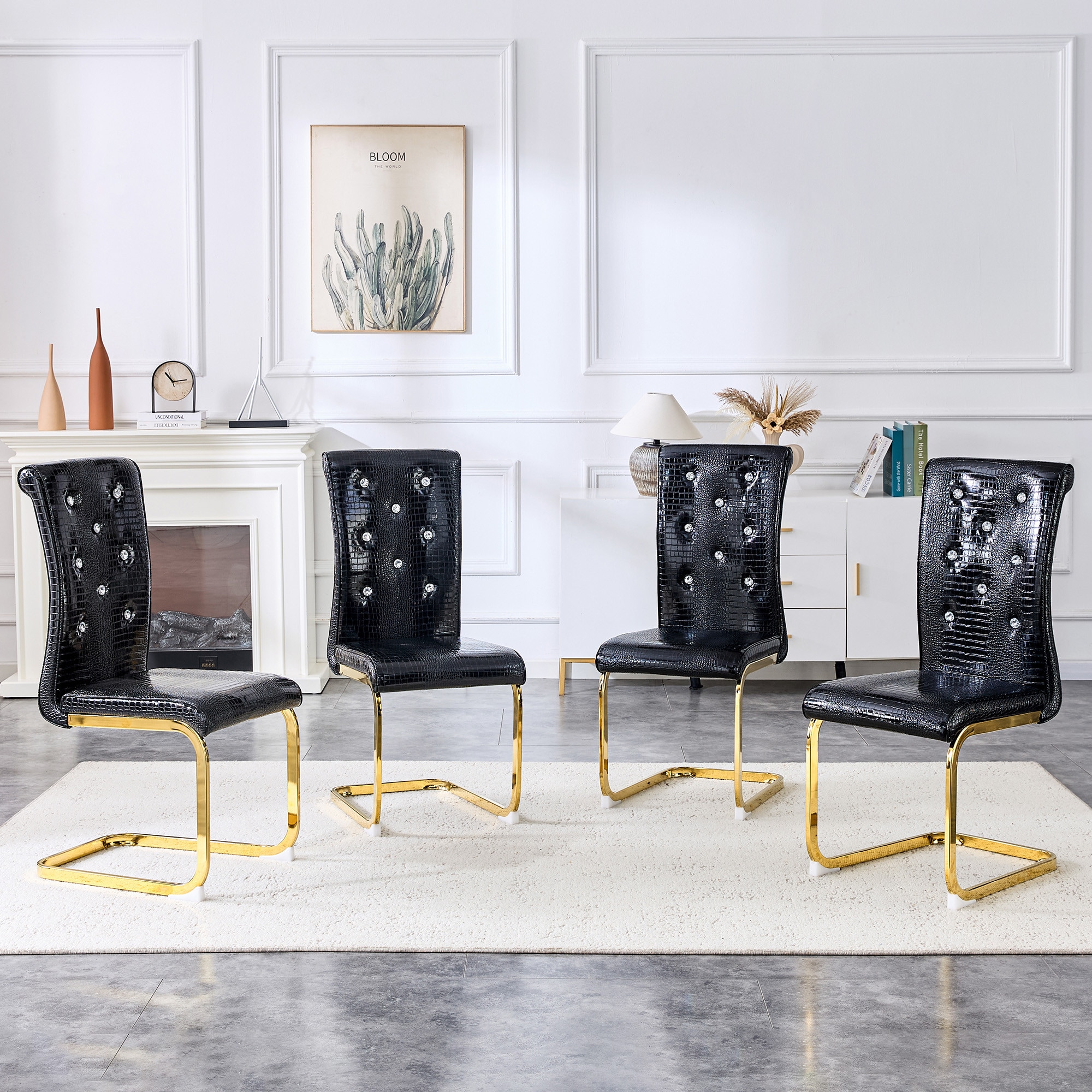 Wooakway Set of 4 Black Retro Alligator Skin Upholstered Dining Chairs ...