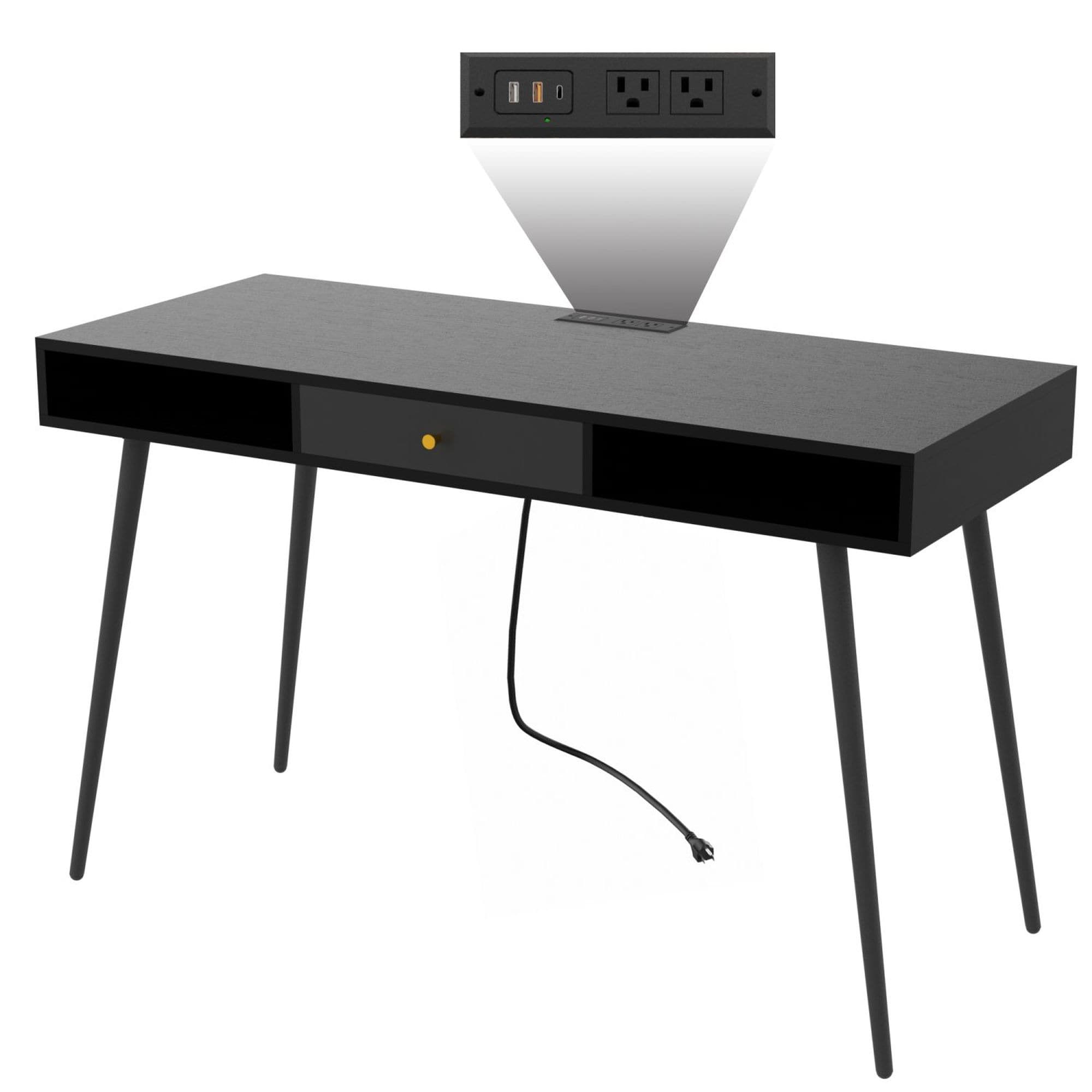 JASMODER Mid Century Desk With USB Ports And Power Outlet Modern Writing Study Desk With Drawers Multifunctional Home Office Computer Desk Black in the Desks department at Lowes