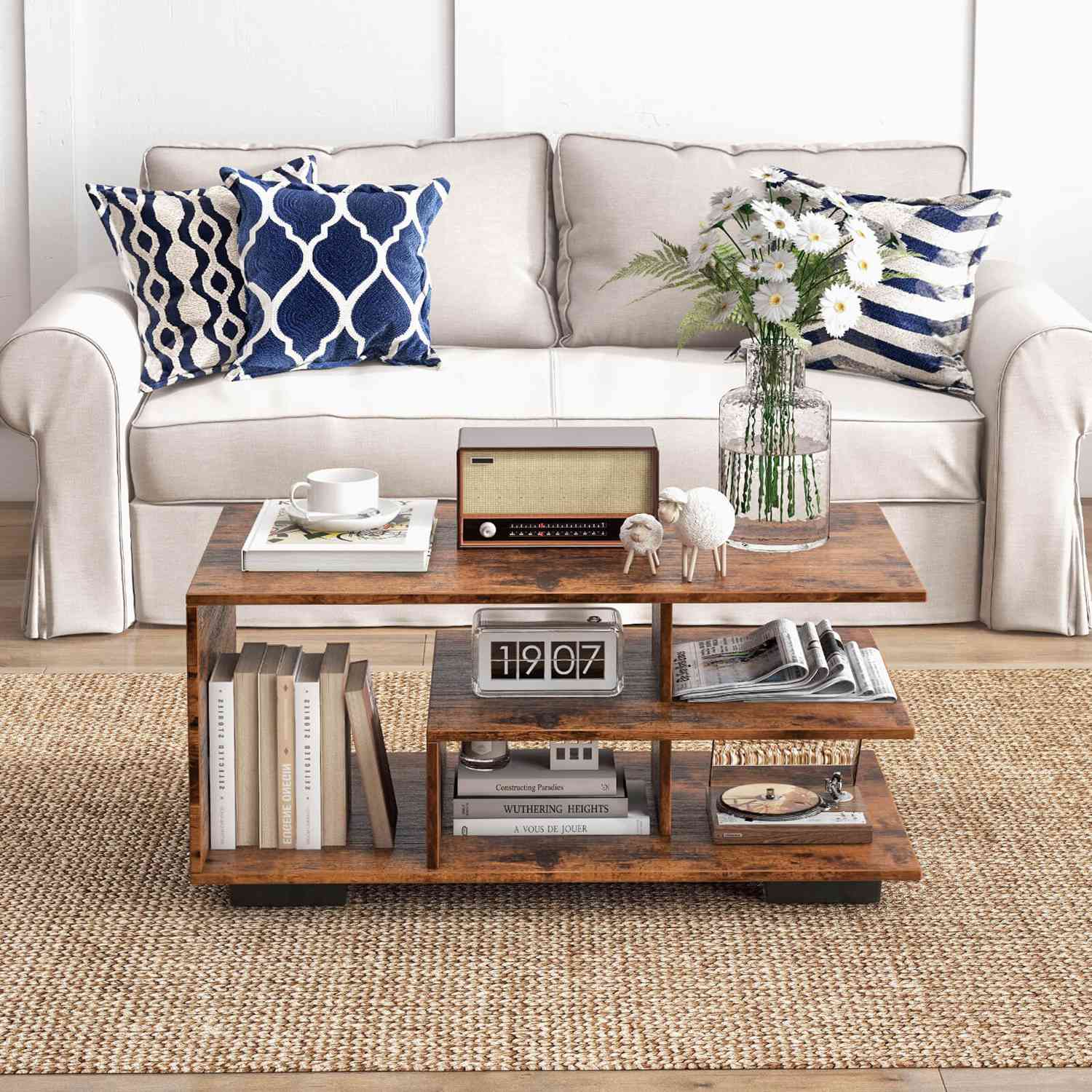 Costway Coffee Table with L-shaped Middle Shelf for Living Room Rustic ...