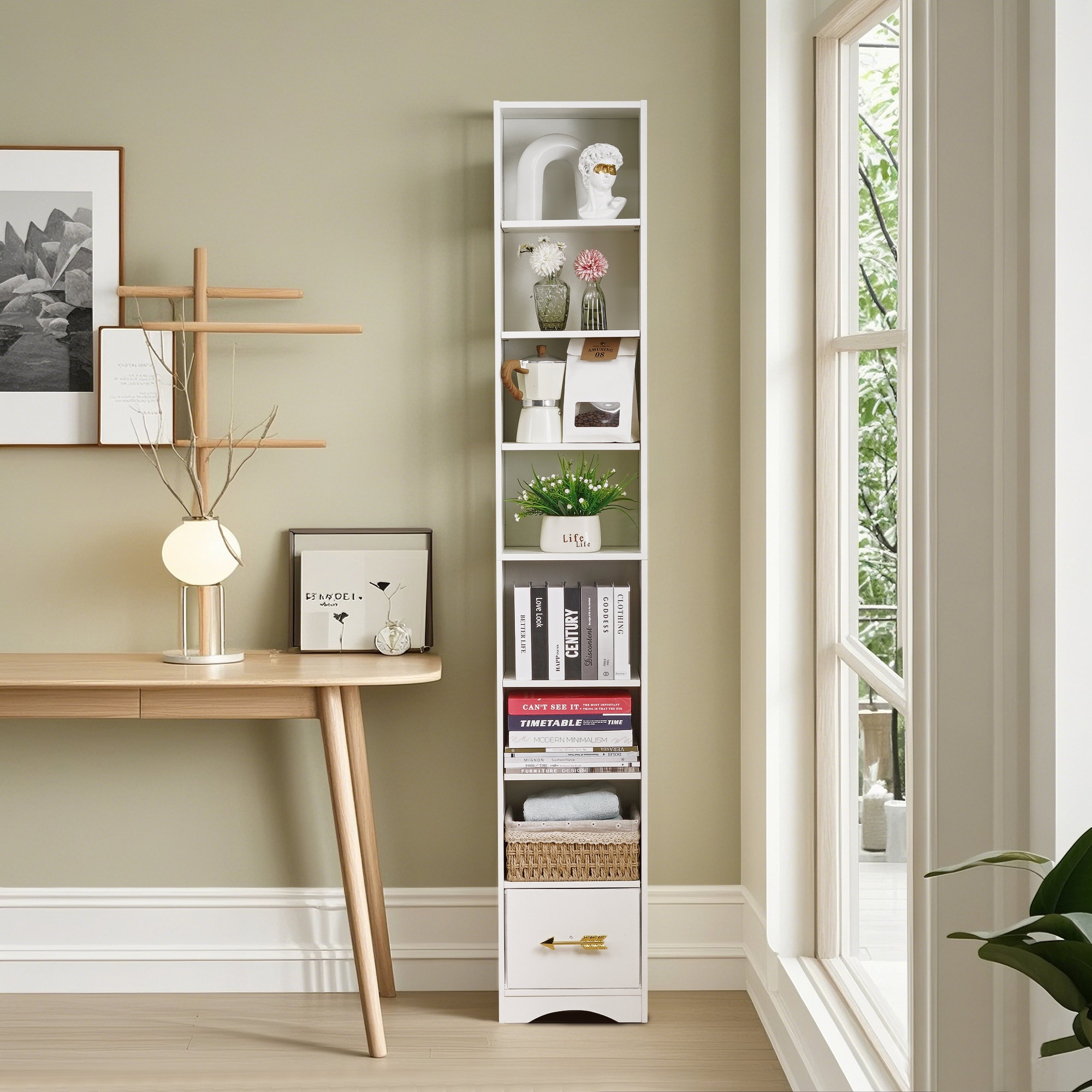 Vecelo 7 Tier Tall Narrow Bookshelf With Storage Drawer Compact Corner ...