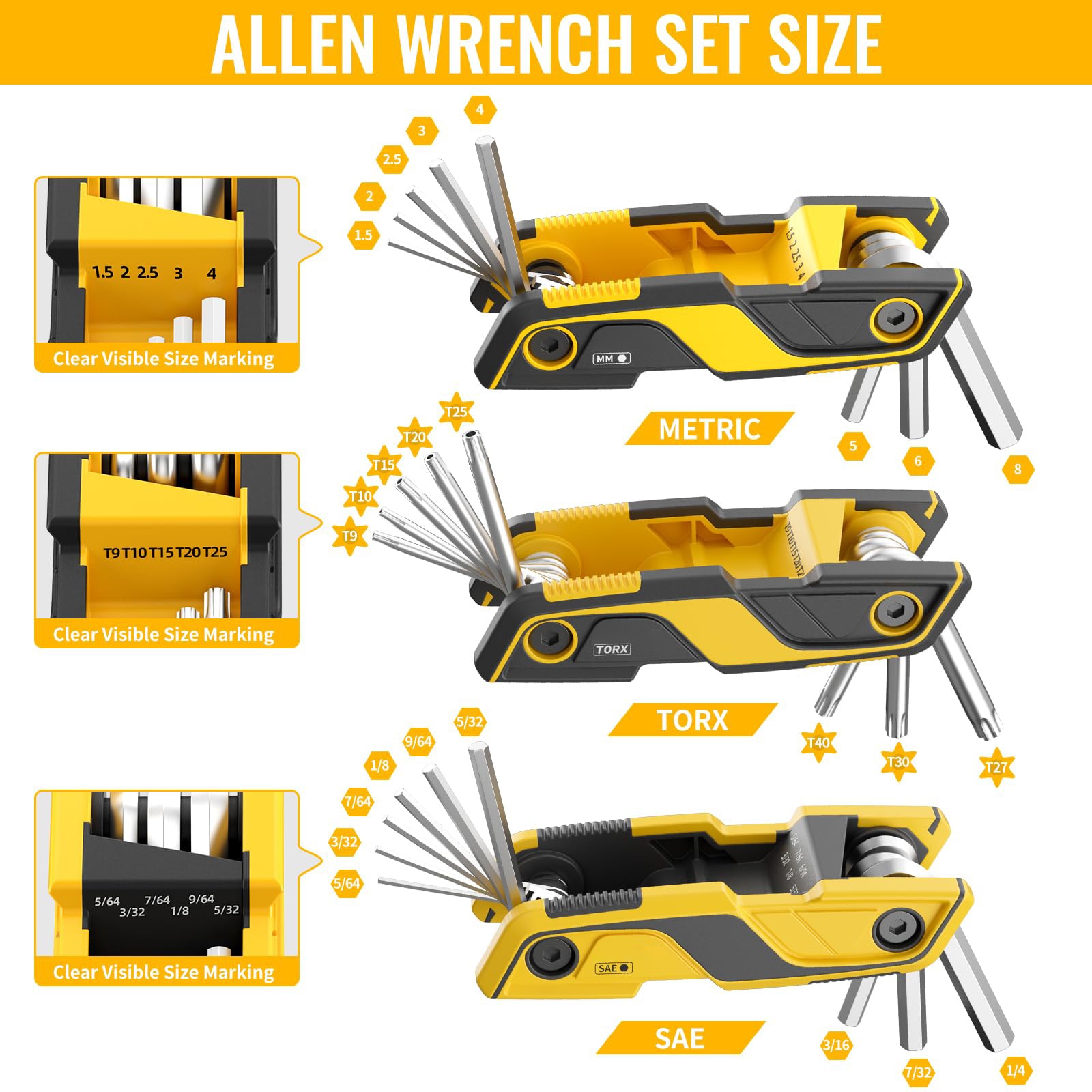 Anqtovp 25 Piece Folding Allen Wrench Set SAE Metric Torx Hex Key Kit 3 ...