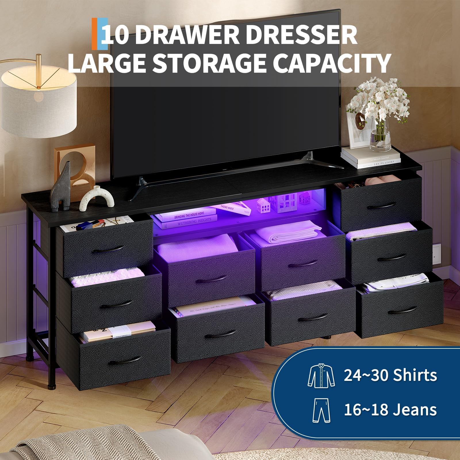 Garvee 63 Inch TV Stand with 10 Drawers and RGB LED Lights TV Stand ...