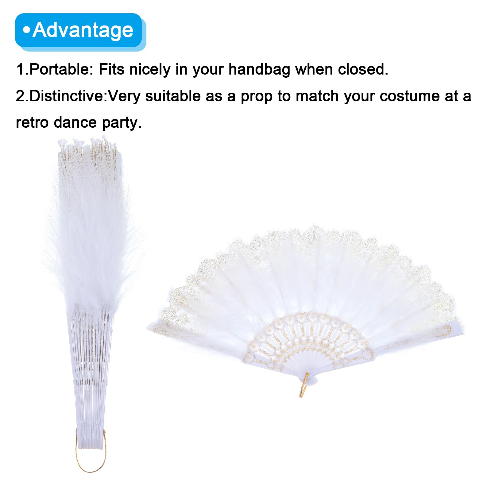 Unique Bargains Feather Hand Fan White Vintage Folding Fan Feather Fan ...