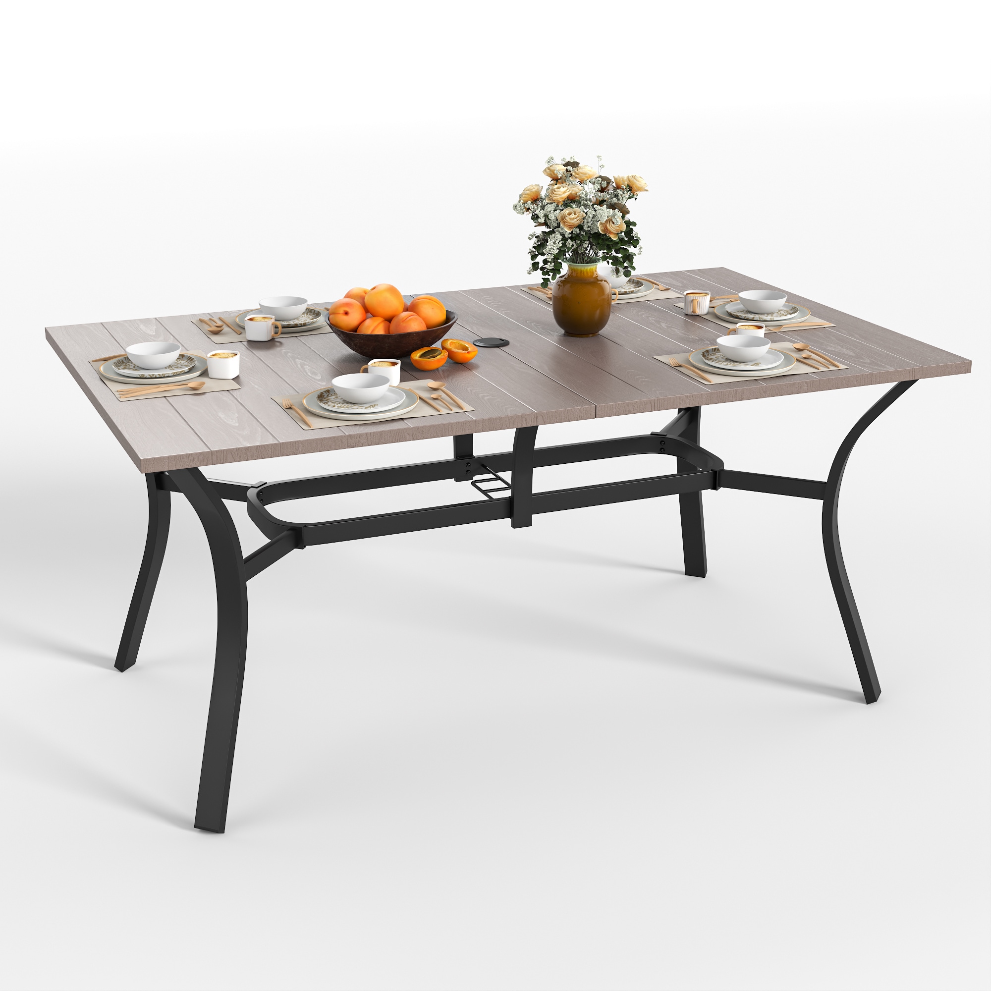JUSHUA Rectangular Vintage Wood Grain Metal Table with umbrella hole ...