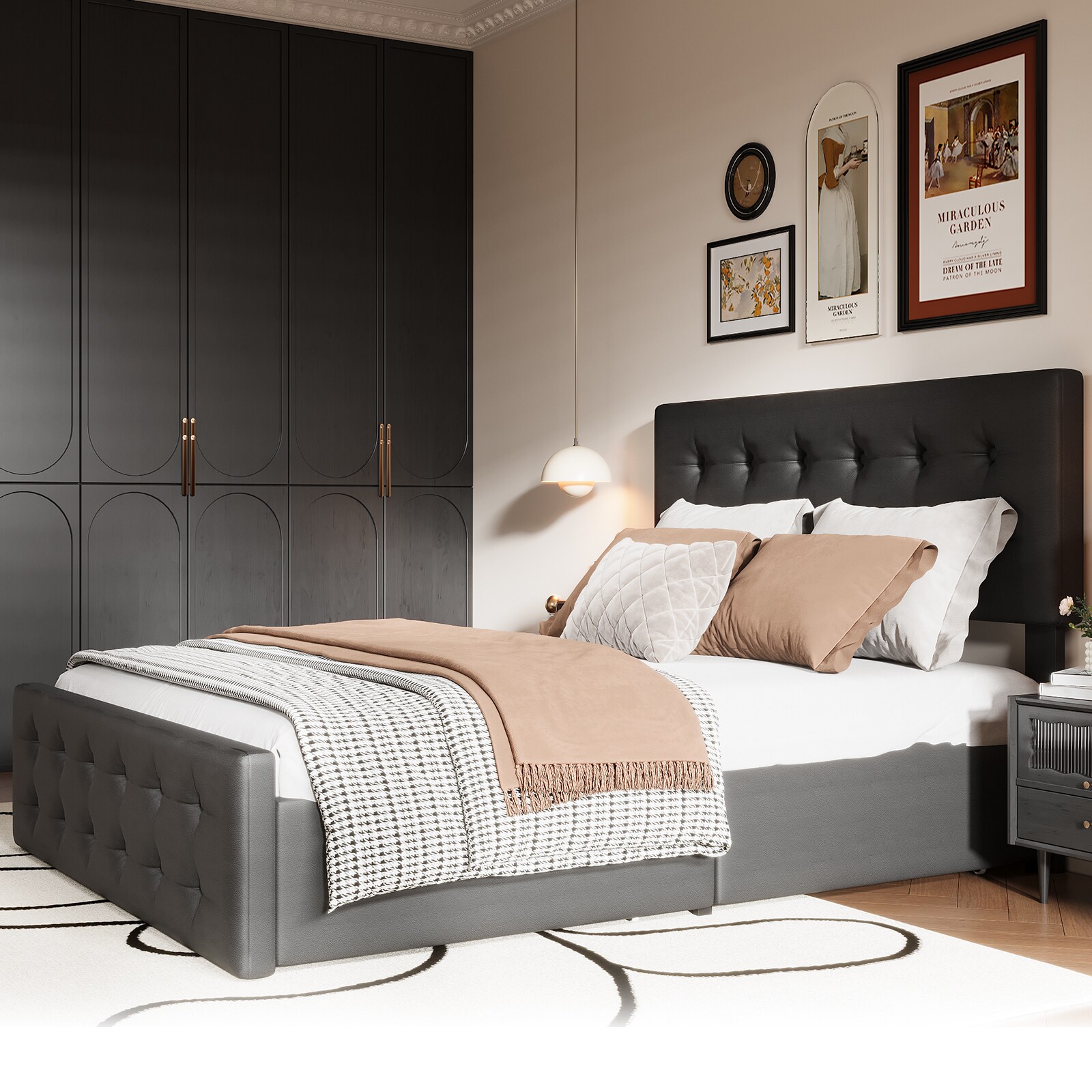 Assile Full Black PU Upholstered Bed Frame with Storage Drawers Tufted ...