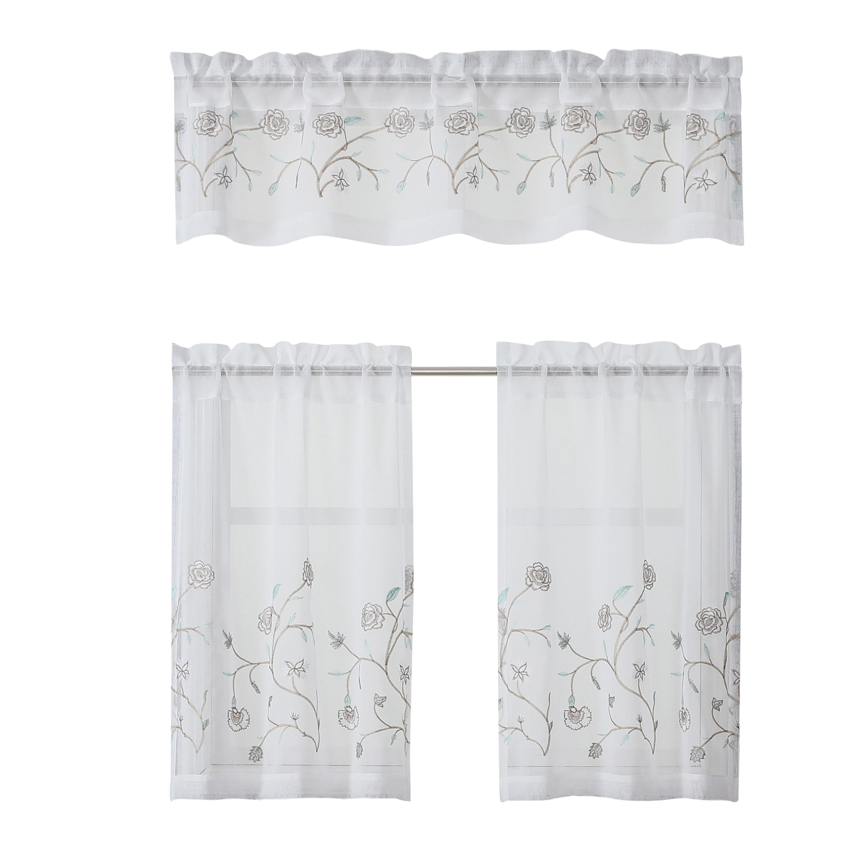 KATE AURORA Complete 3 Piece Embroidered Shabby Floral Roses Sheer Cafe ...
