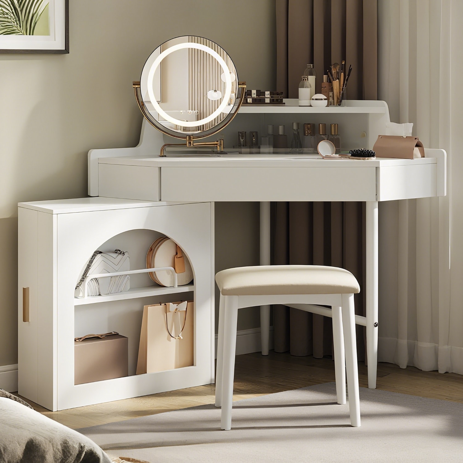 Wooakway White Corner Makeup Vanity Table with LED Lights Dressing ...