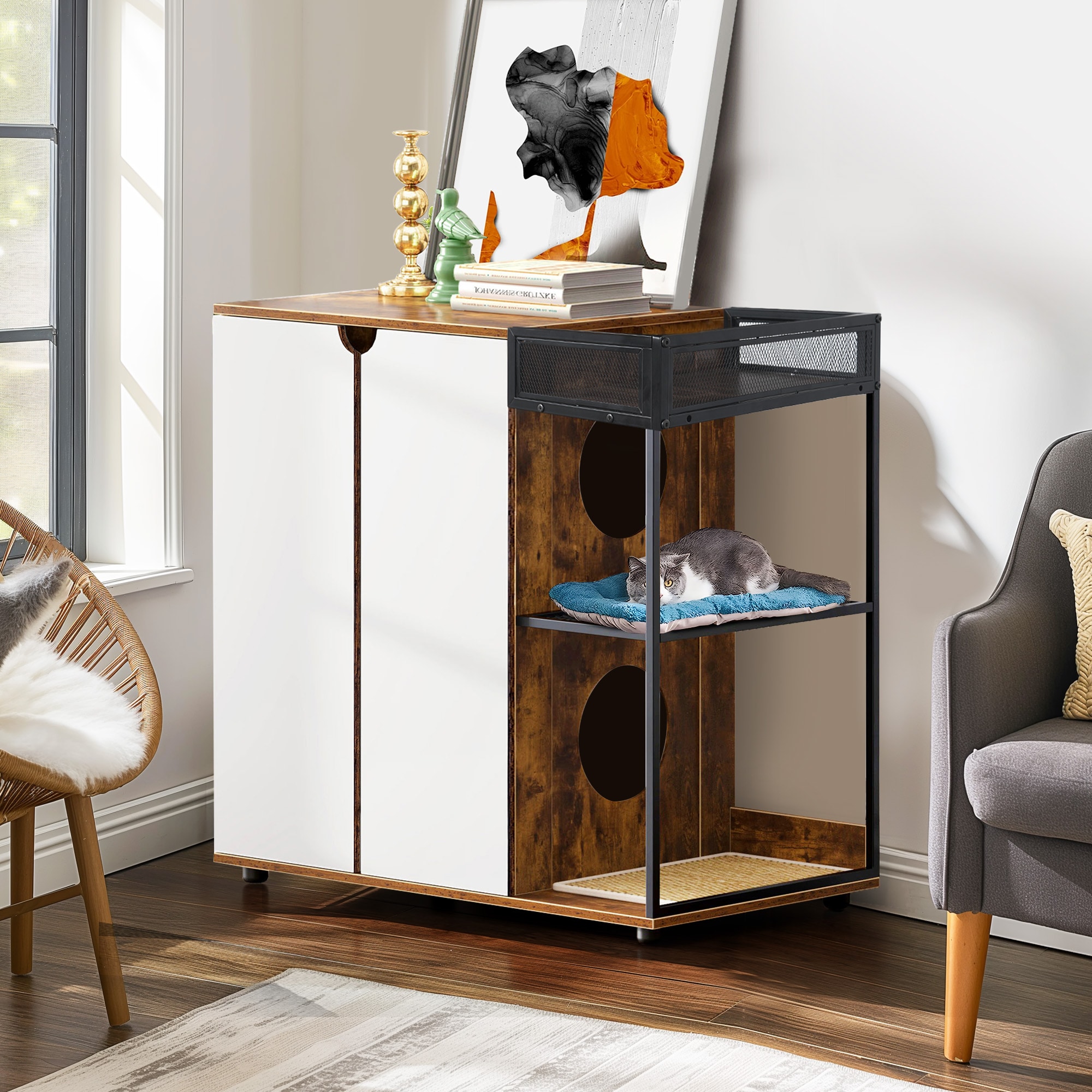 Wooakway Rustic Brown Cat Litter Box Enclosure 34.7x18.9x34 -2-Box ...