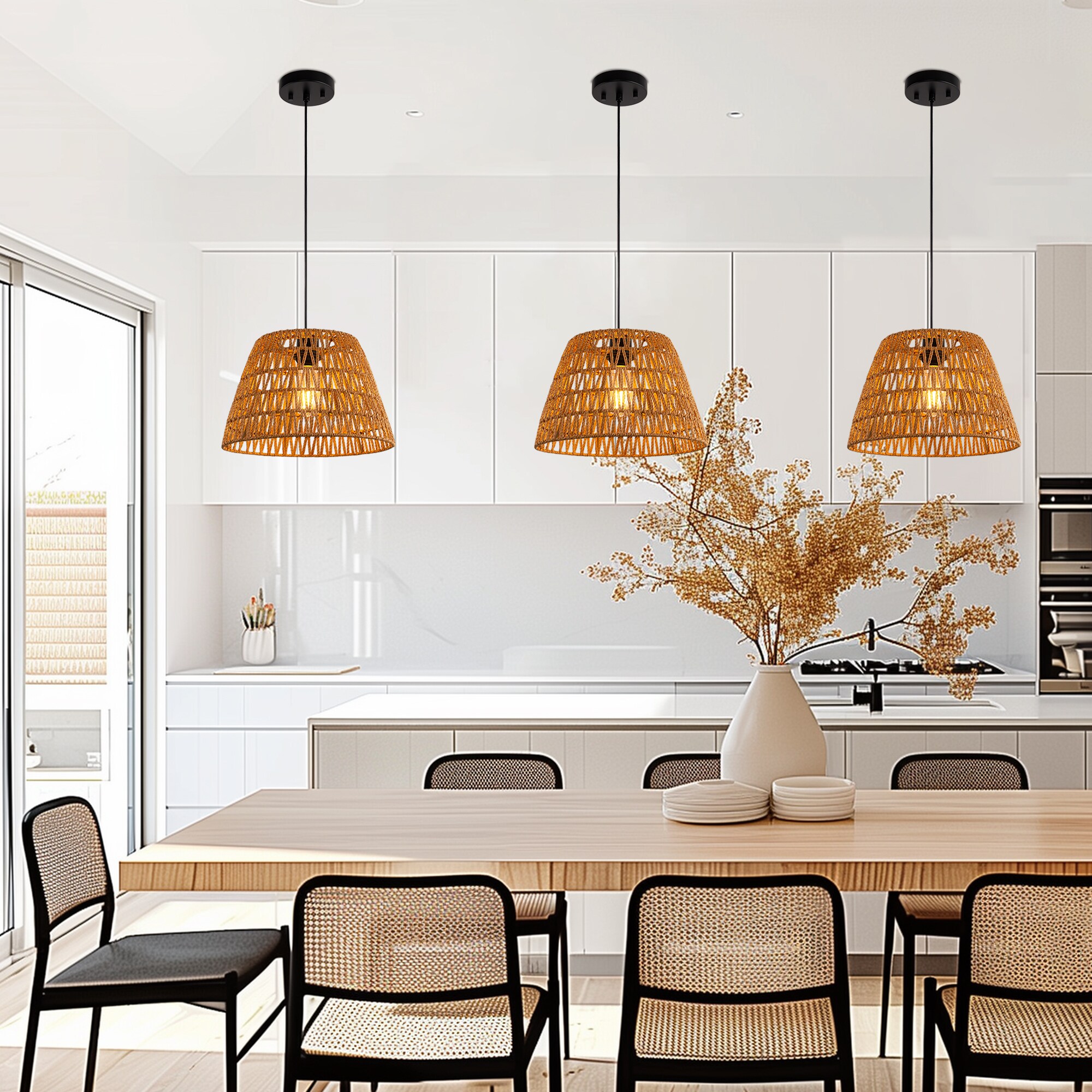 DORESshop 1 Light Modern Brown Woven Rattan Pendant Lights Adjustable ...