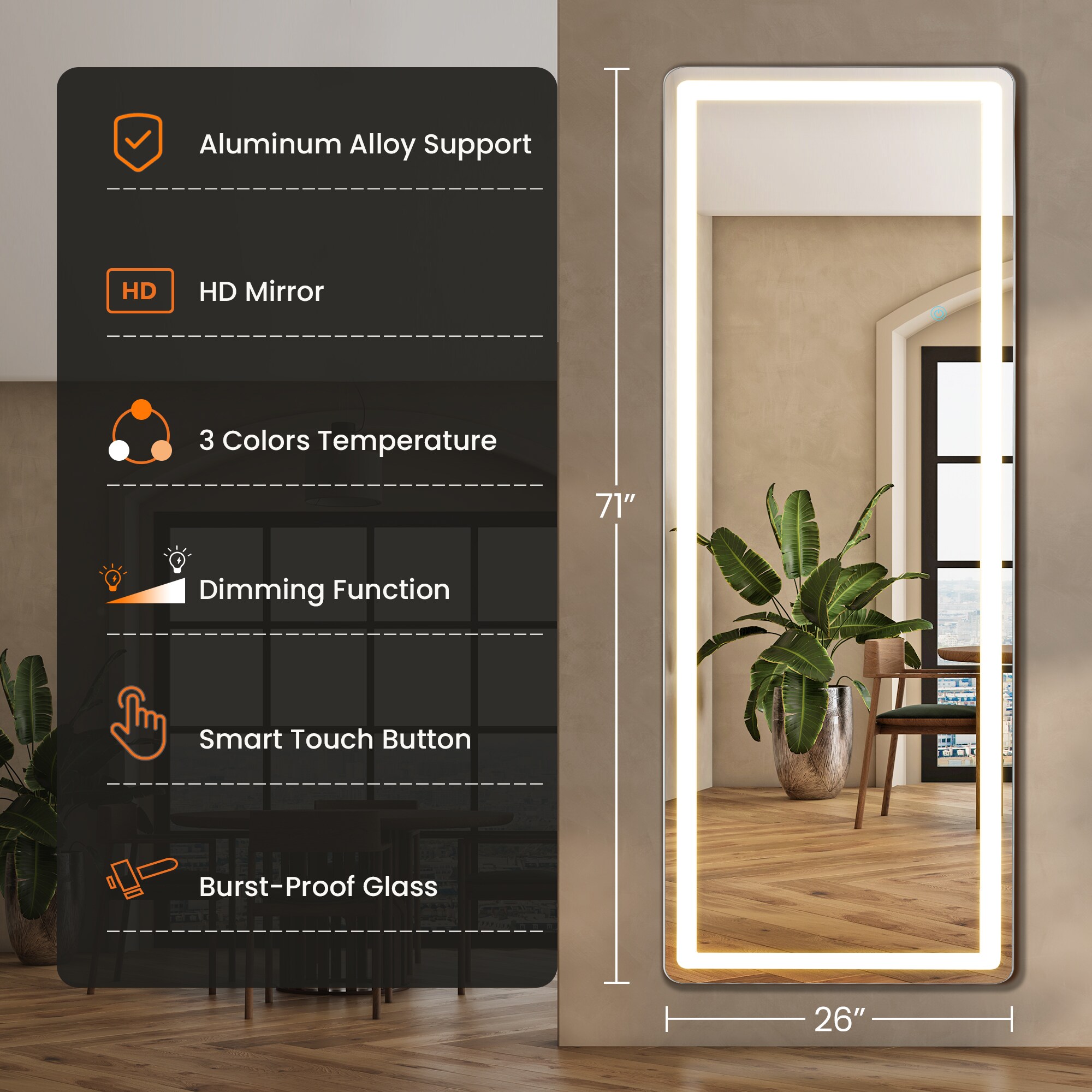 OOU 71 x 26 Square Lighted Floor Mirror with Stand LED Full Length ...