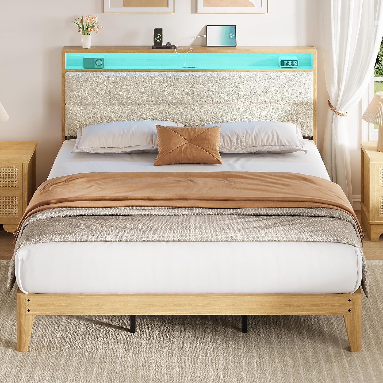 Garvee King Size Bed Frame with Storage Headboard LED Boucle Bed Frame ...
