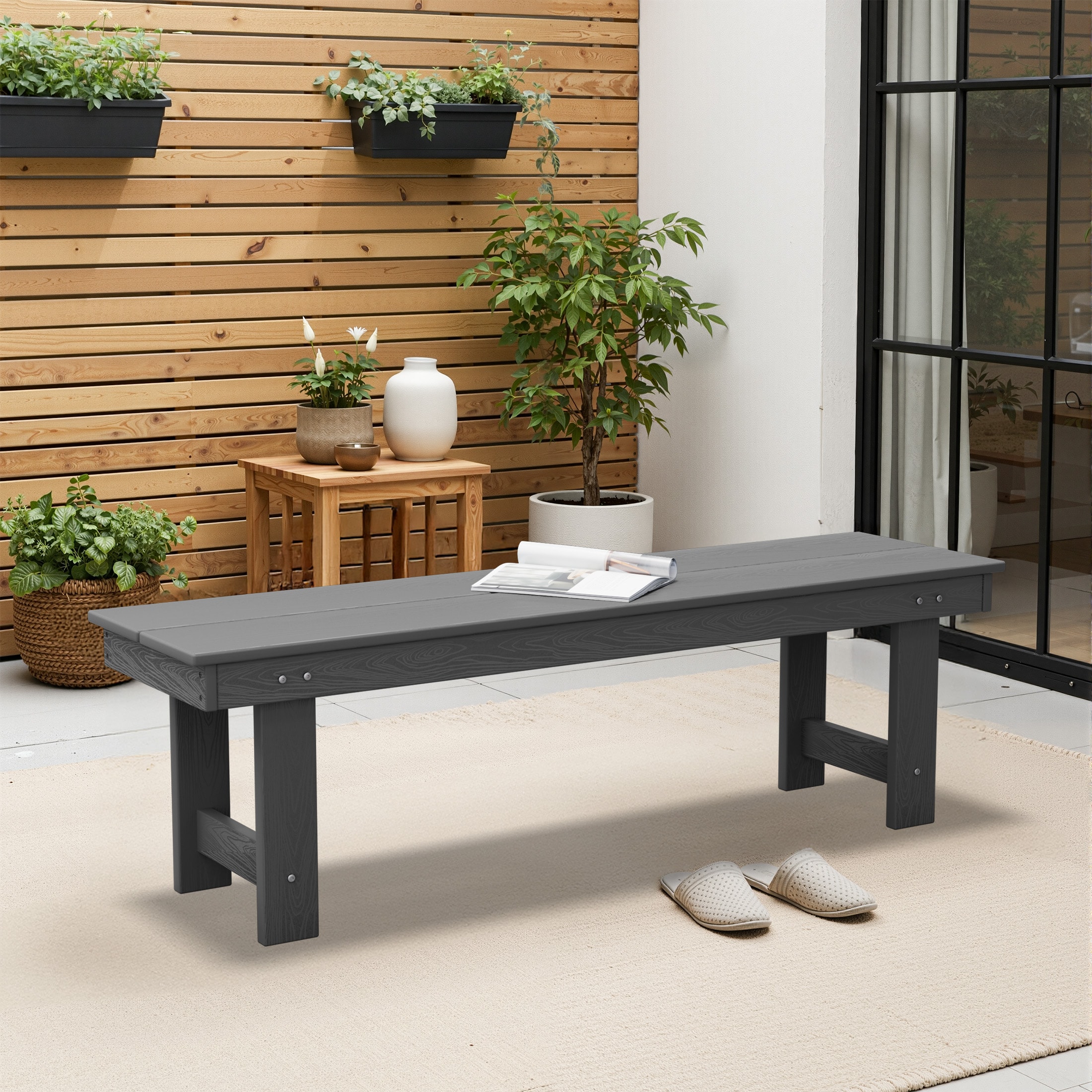Serwall Outdoor 56.3 in L 16.93 in H Plastic HDPE Dining Bench Patio ...