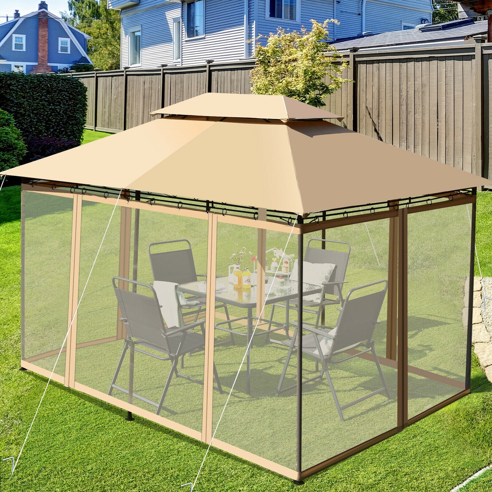 CALVON 13-ft x 10-ft Gazebo Tan Gazebo with Soft Top Roof (Screen ...