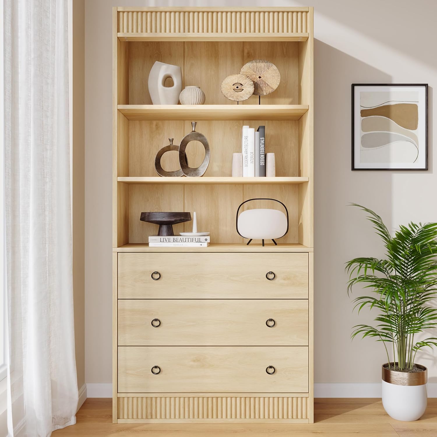 Garvee 6 Tier 80 Wide Fluted Bookshelf with Drawers Storage Cabinet ...