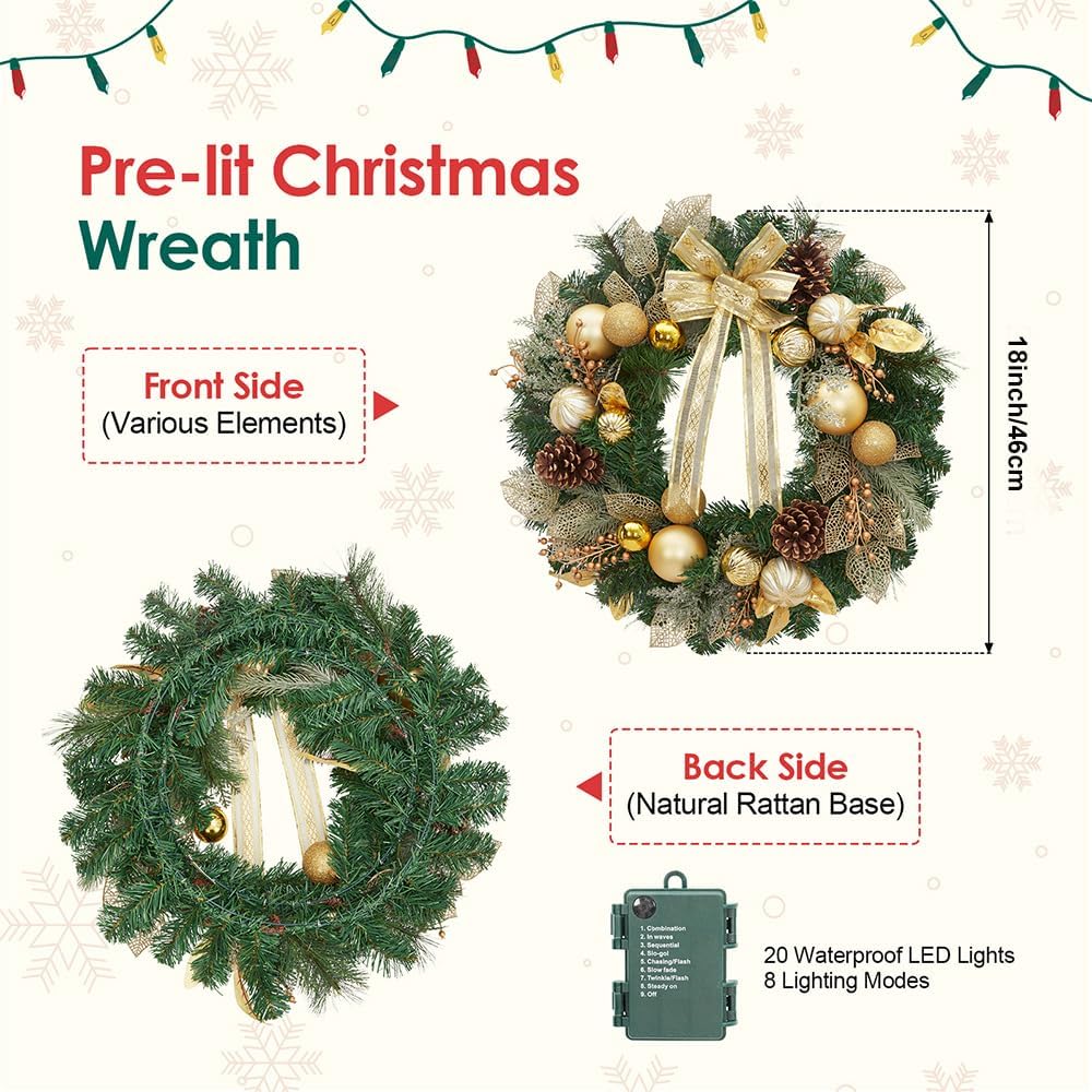 Garvee 18-in Gold Christmas Wreath Pre-Lit with Balls and Bow for Wall ...