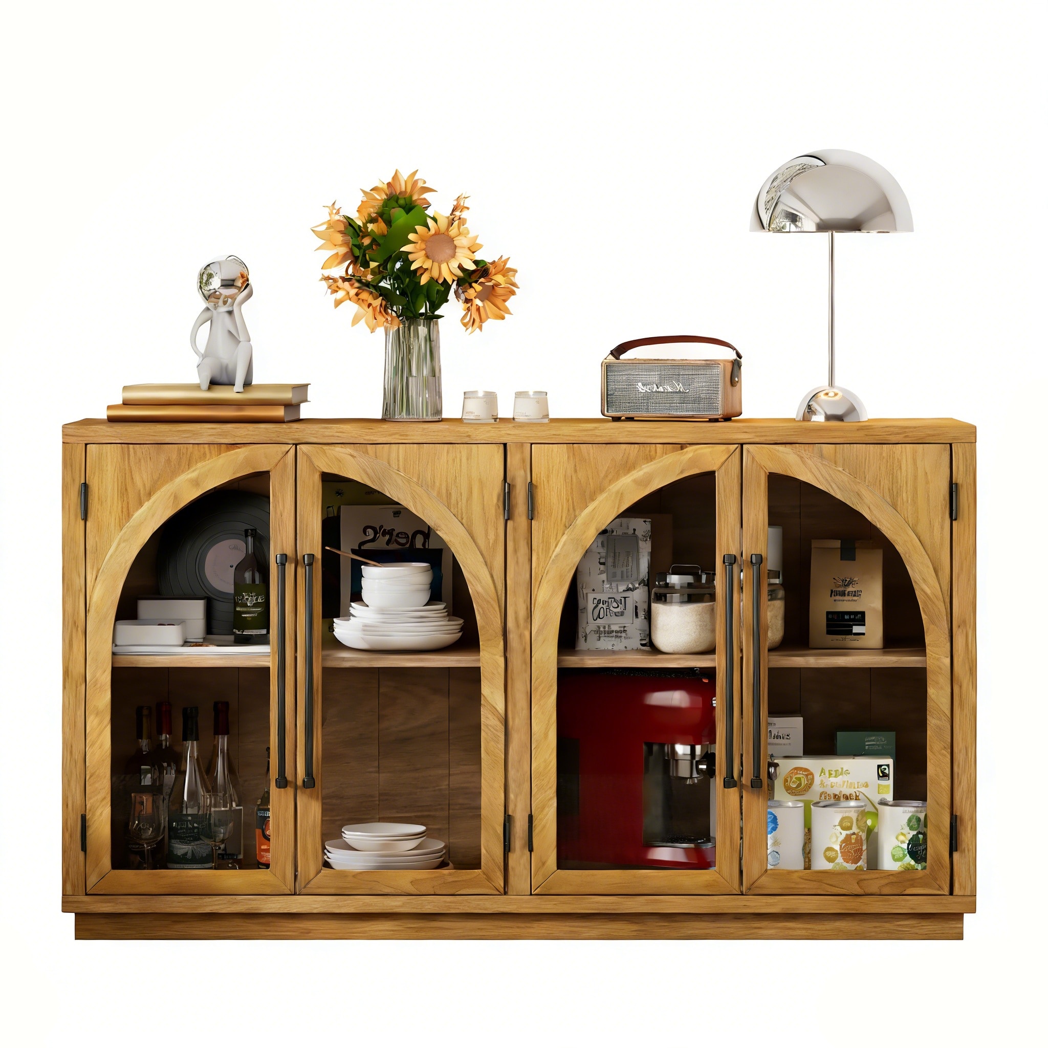 JEAREY Natural Large Retro 4-Door Sideboard Buffet with Glass Doors and ...