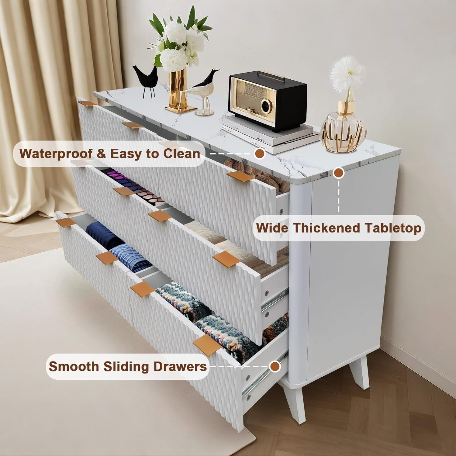 Garvee Modern Fluted 6 Drawer Dresser With Faux Marble Top Curved TV ...