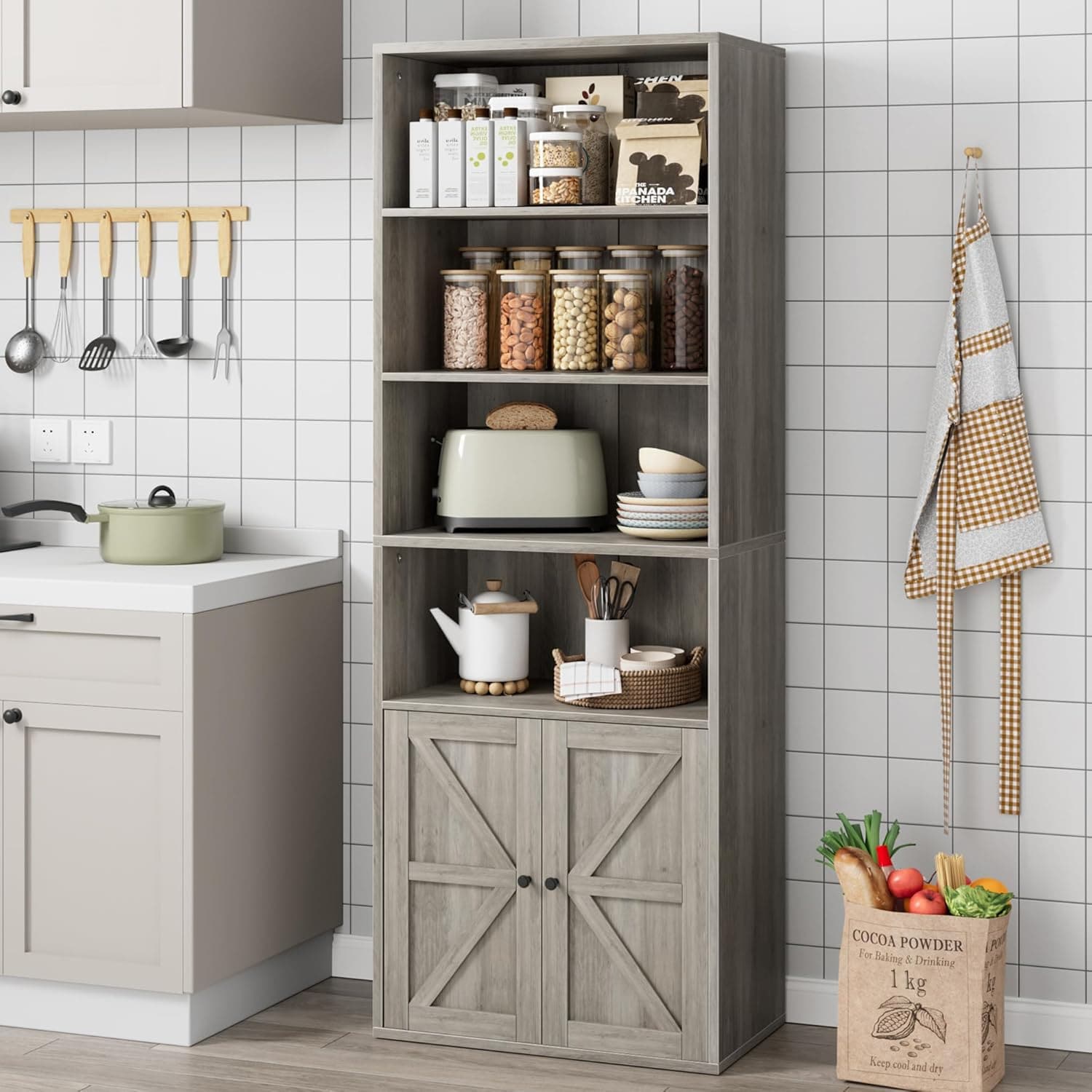 Garvee Farmhouse Bookcase with Doors Deep Storage Cabinet and 4 Open ...