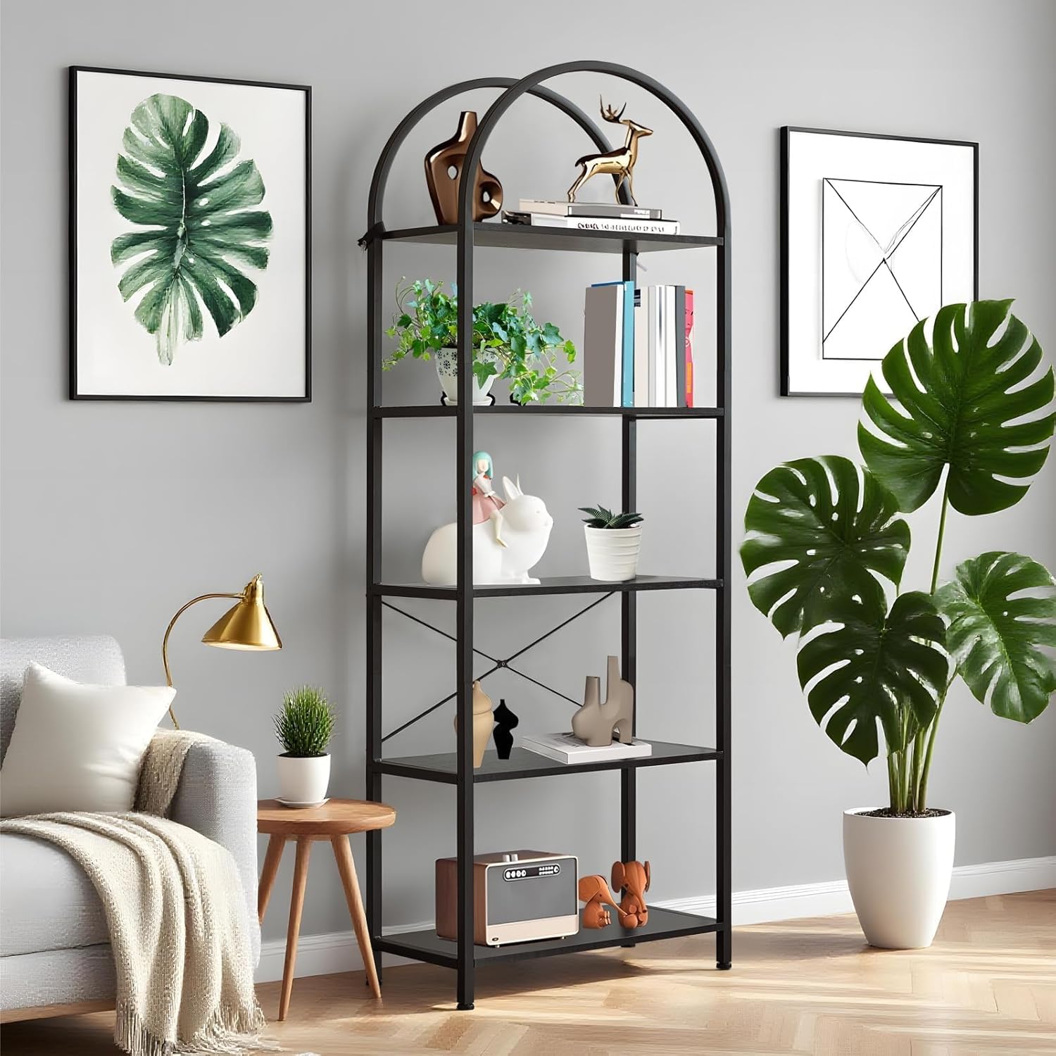 Garvee Bookshelf 5 Tier Arched Display Racks Tall Shelf for CDsBooks ...