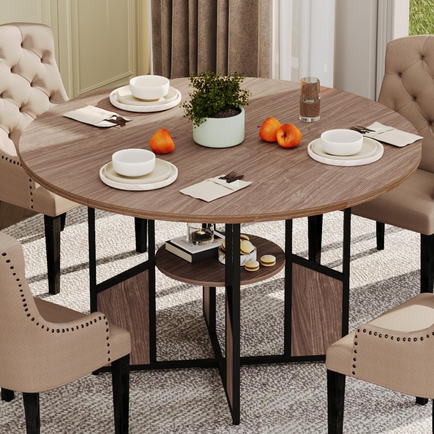 Qeetex 59 Inch Round Dining Table for 4 6 Farmhouse Wood Kitchen Table ...
